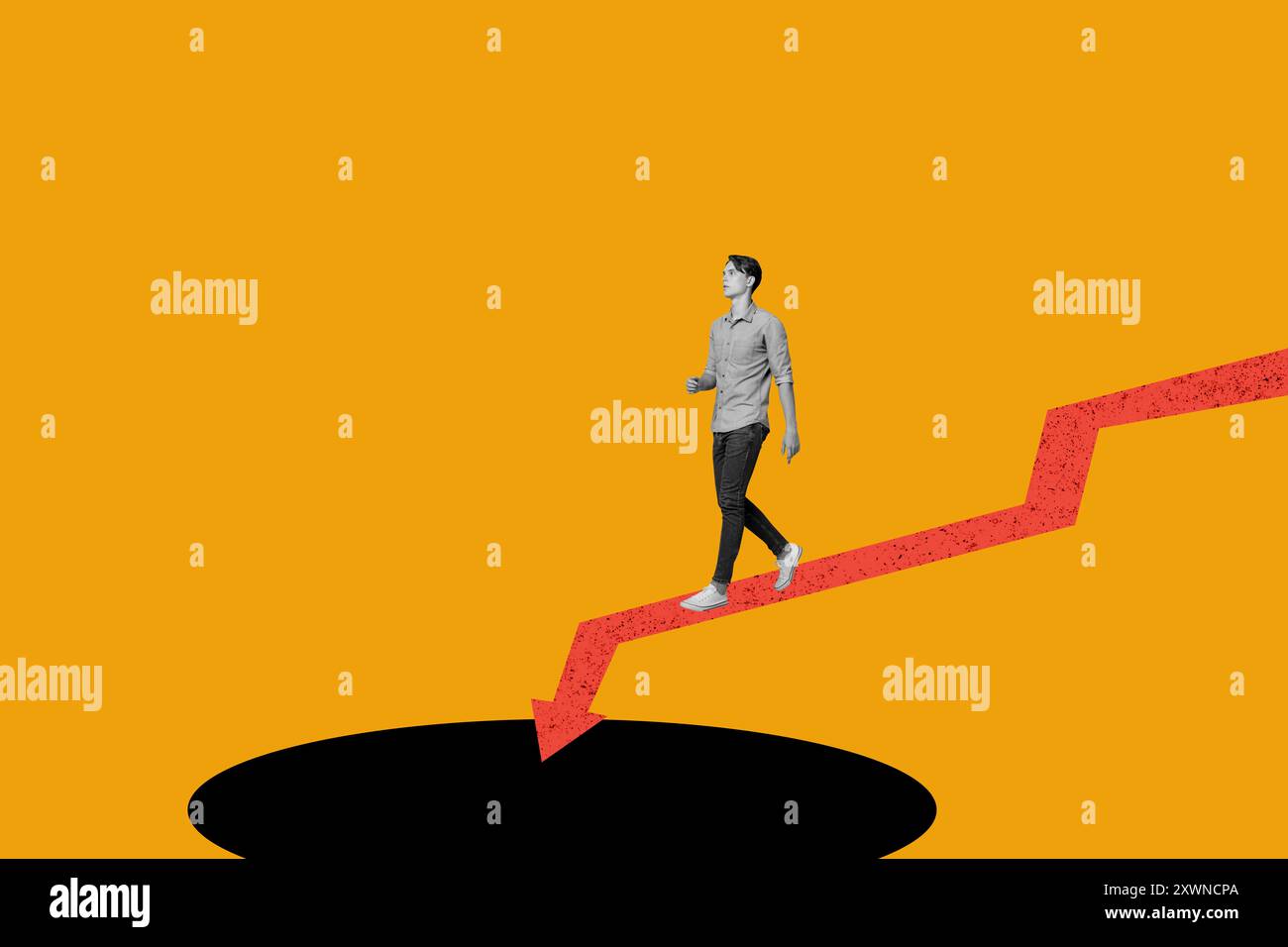 Composite photo collage of serious man walk arrow decline problem trap ...