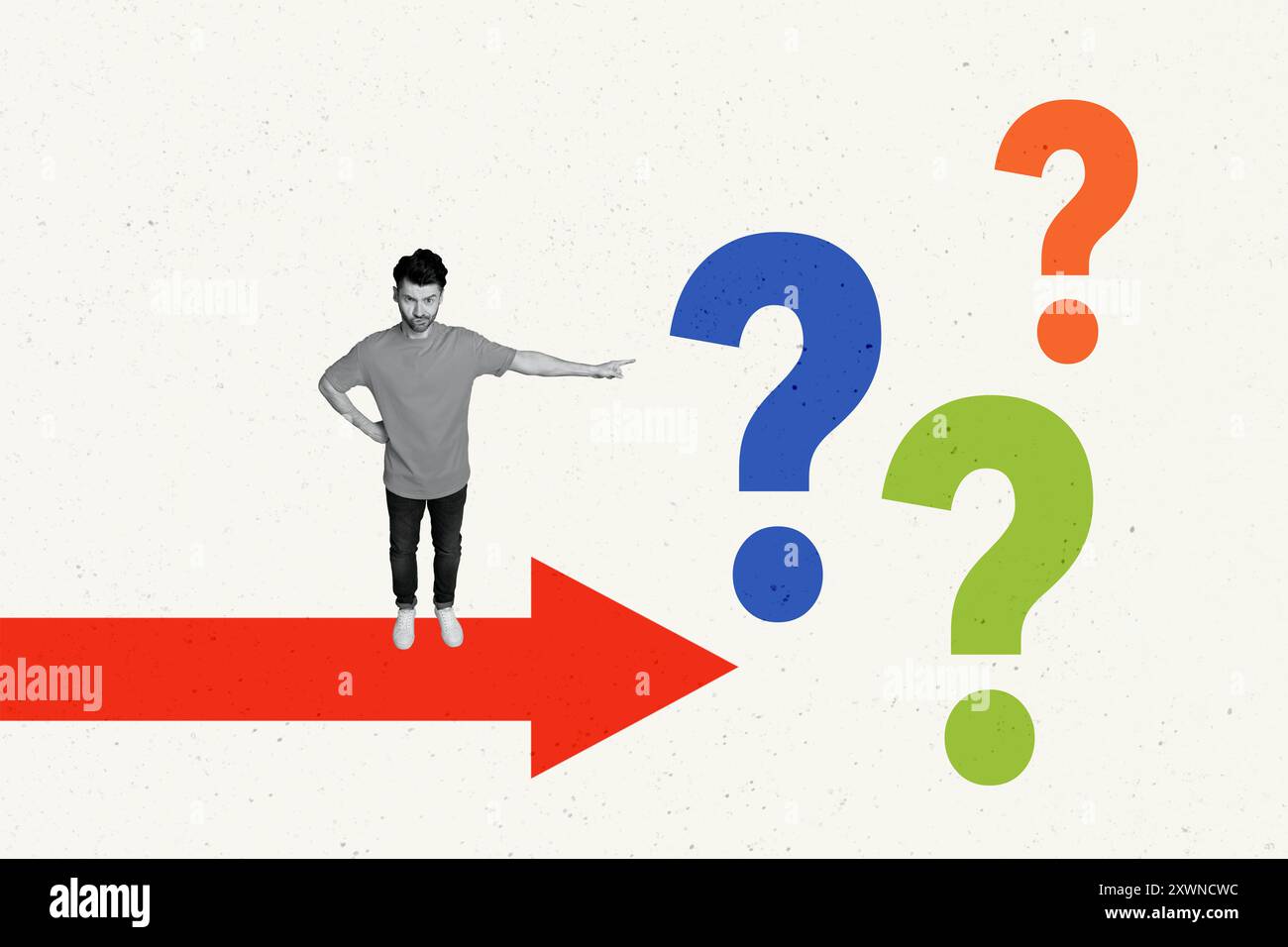 Creative collage image young angry man stand point question marks ...