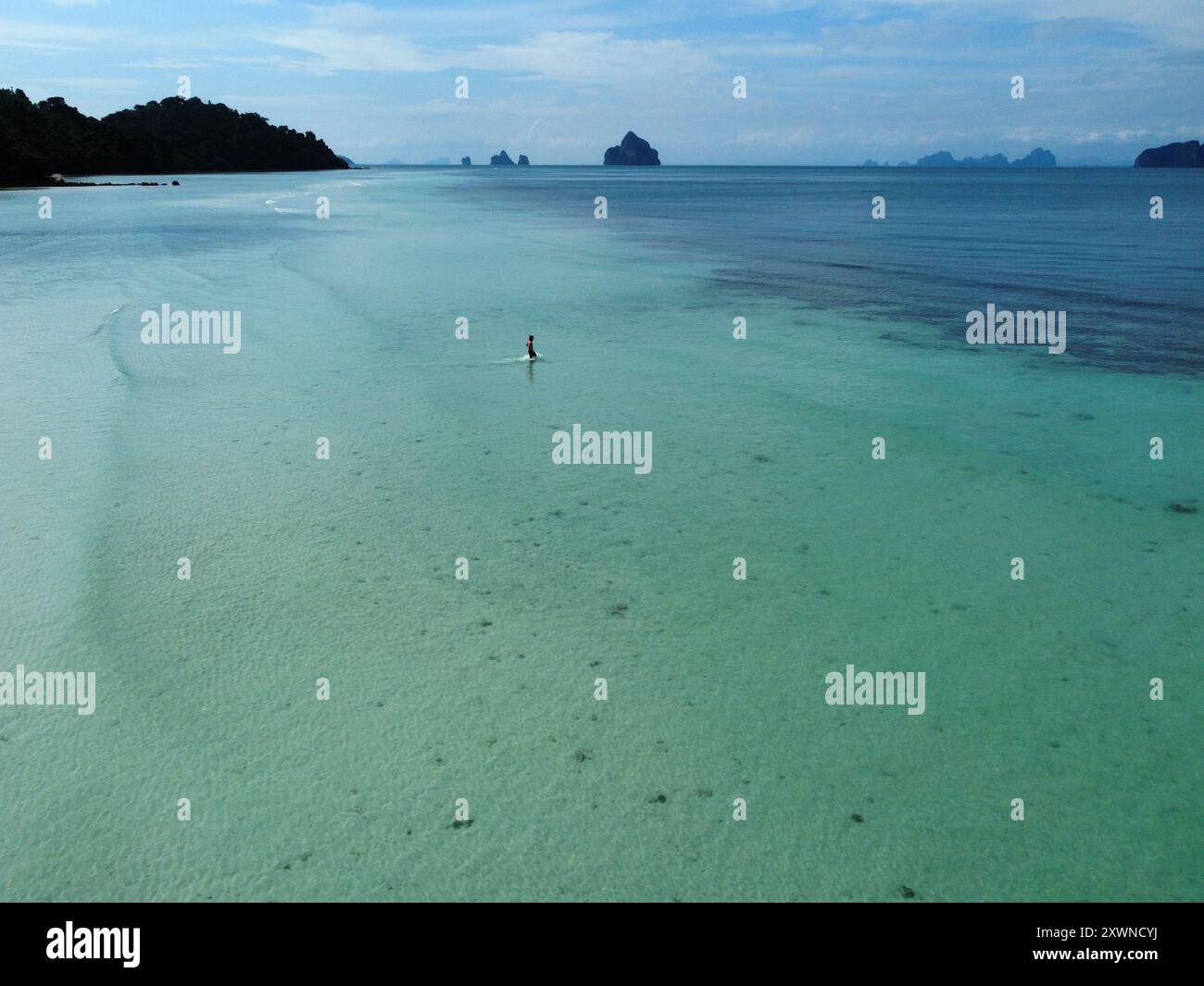 Aerial view of the Koh Kradan beach with low tide, with the coral reef ...