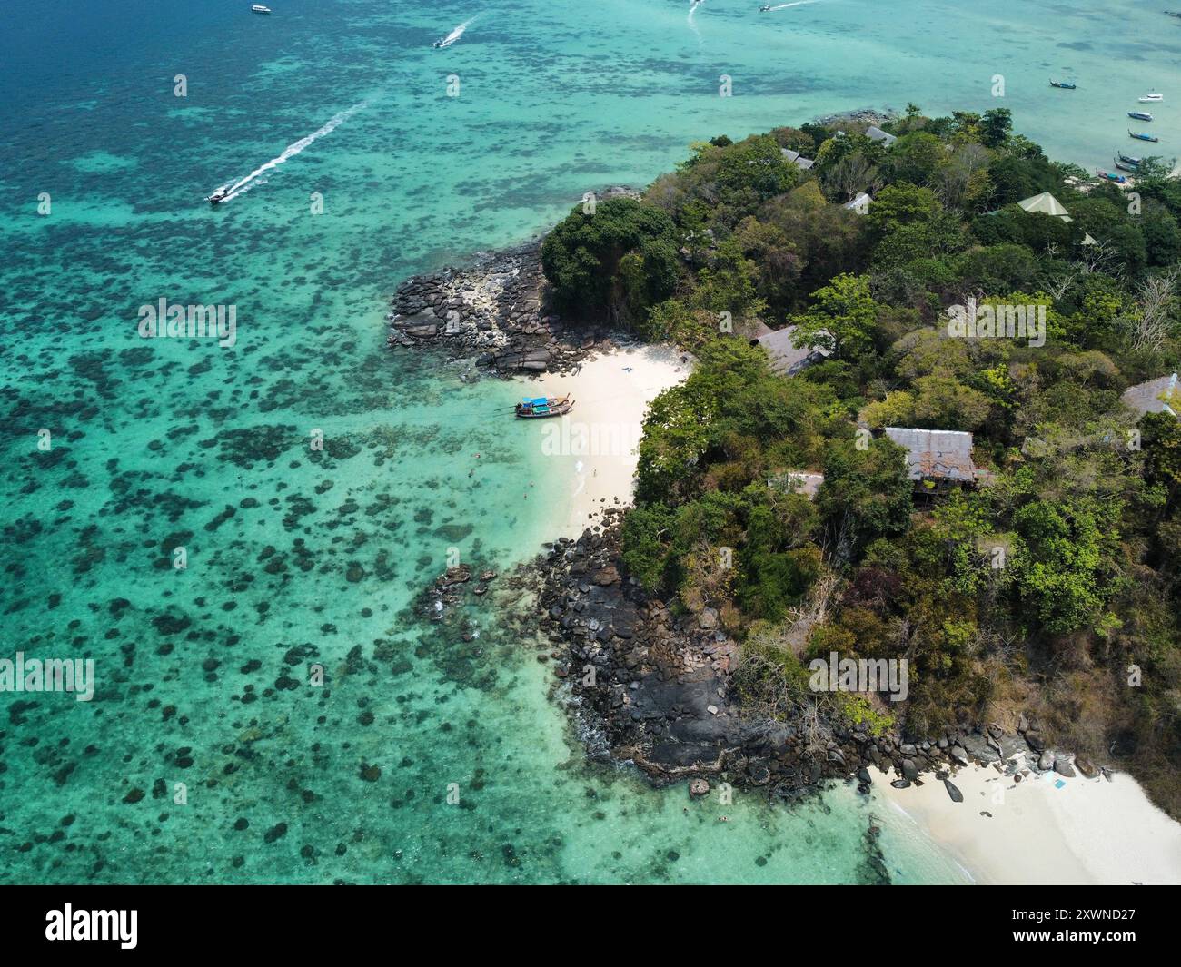Aerial view of the Viking Beach on Koh Phi Phi Don, a tropical island ...