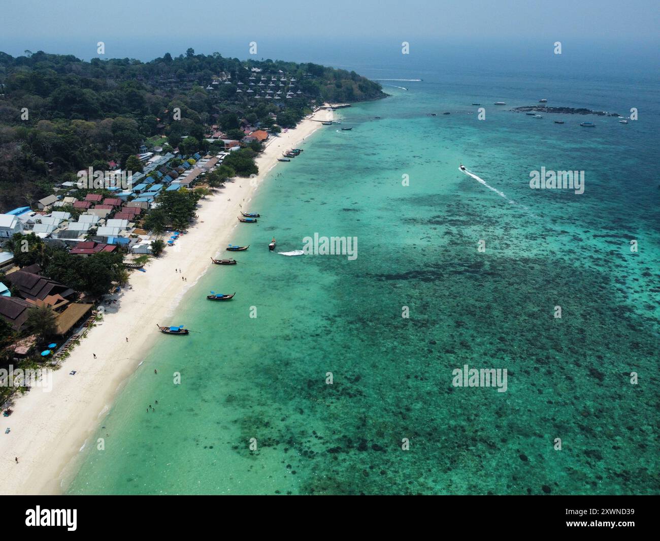 Aerial view of the Long Beach on Koh Phi Phi Don with the long tail ...