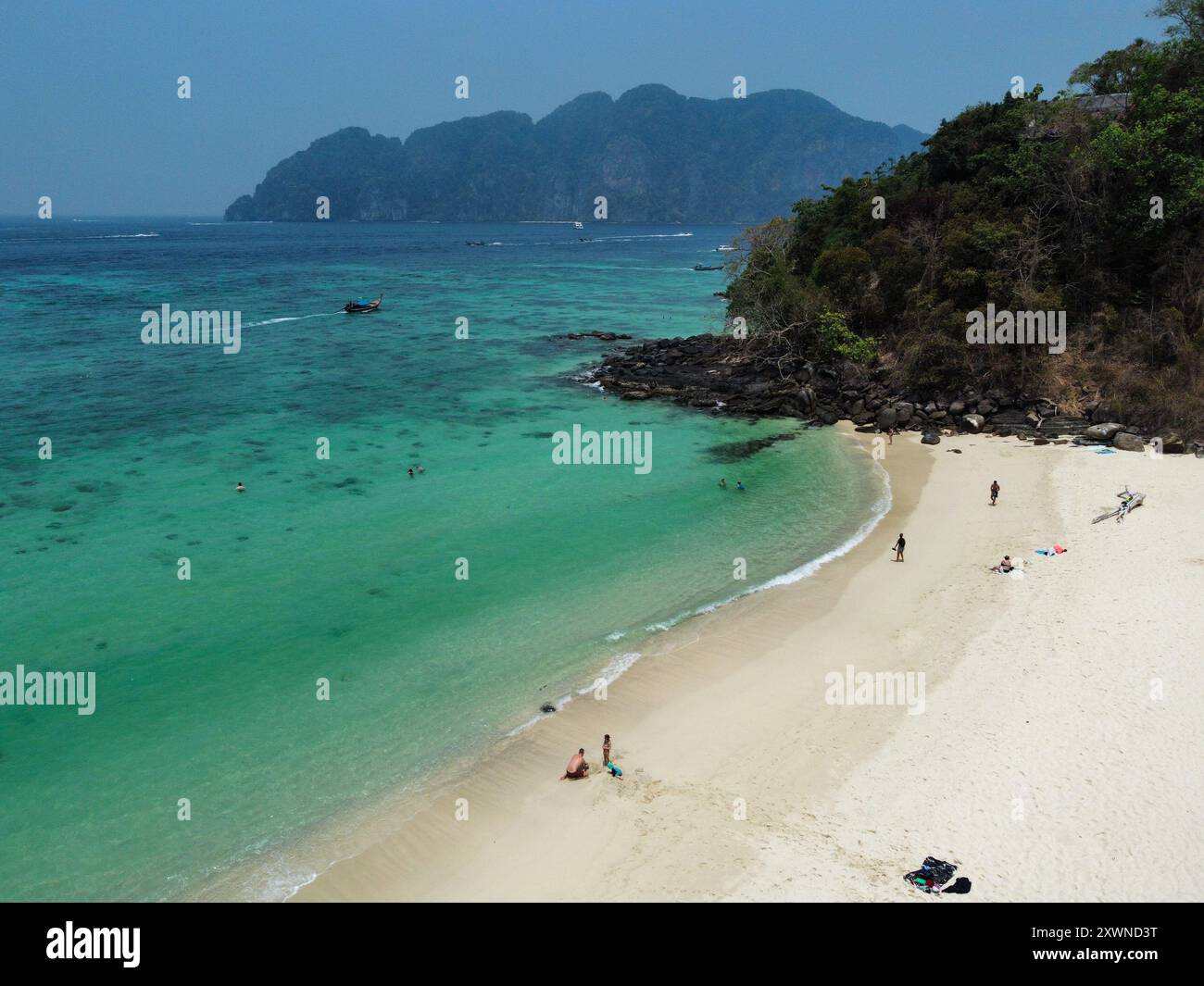 Aerial view of the Long Beach in Koh Phi Phi Don with the limestone ...