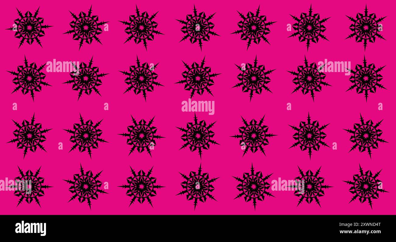 Curved drawing of a snowflake. Composition of repeating objects. Pink ...