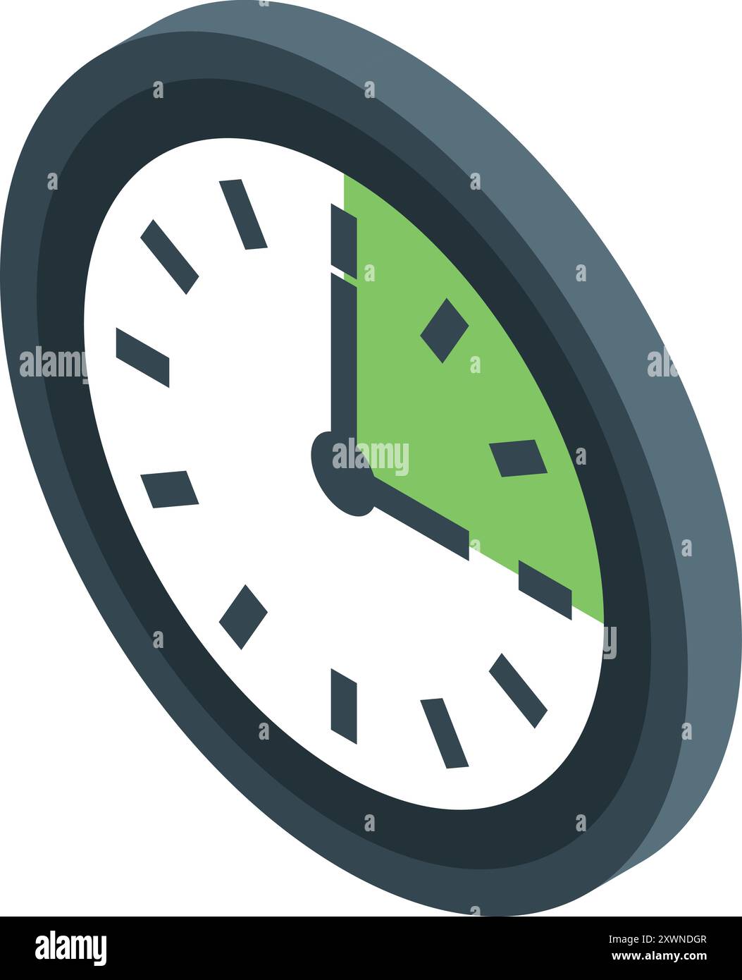 Analog clock face is showing quarter past a time with a green section ...