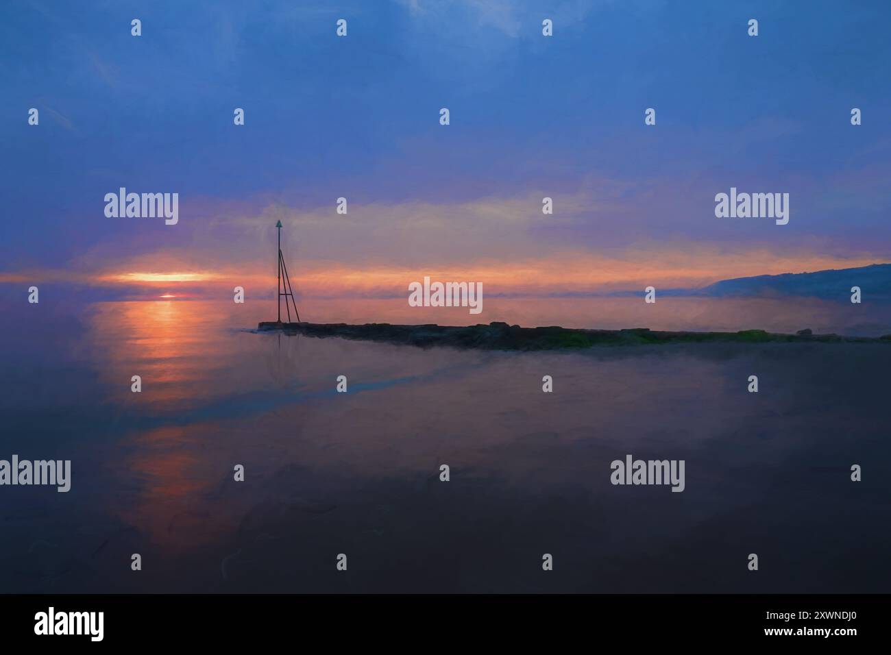 Digital oil painting of sea groynes at the coastal holiday seaside ...