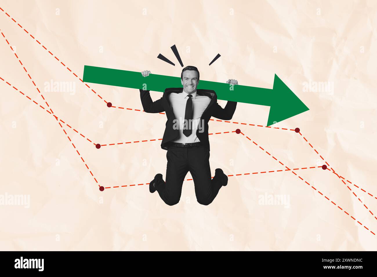 Creative collage picture young cheerful man entrepreneur arrow ...