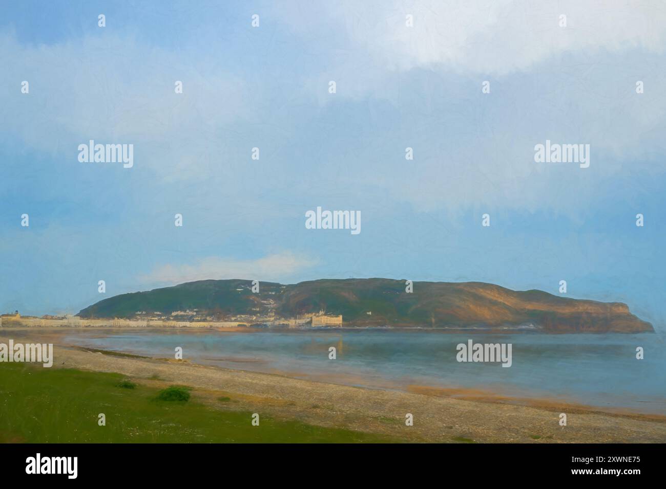 Digital oil painting of the Great Orme and Llandudno seafront and beach ...