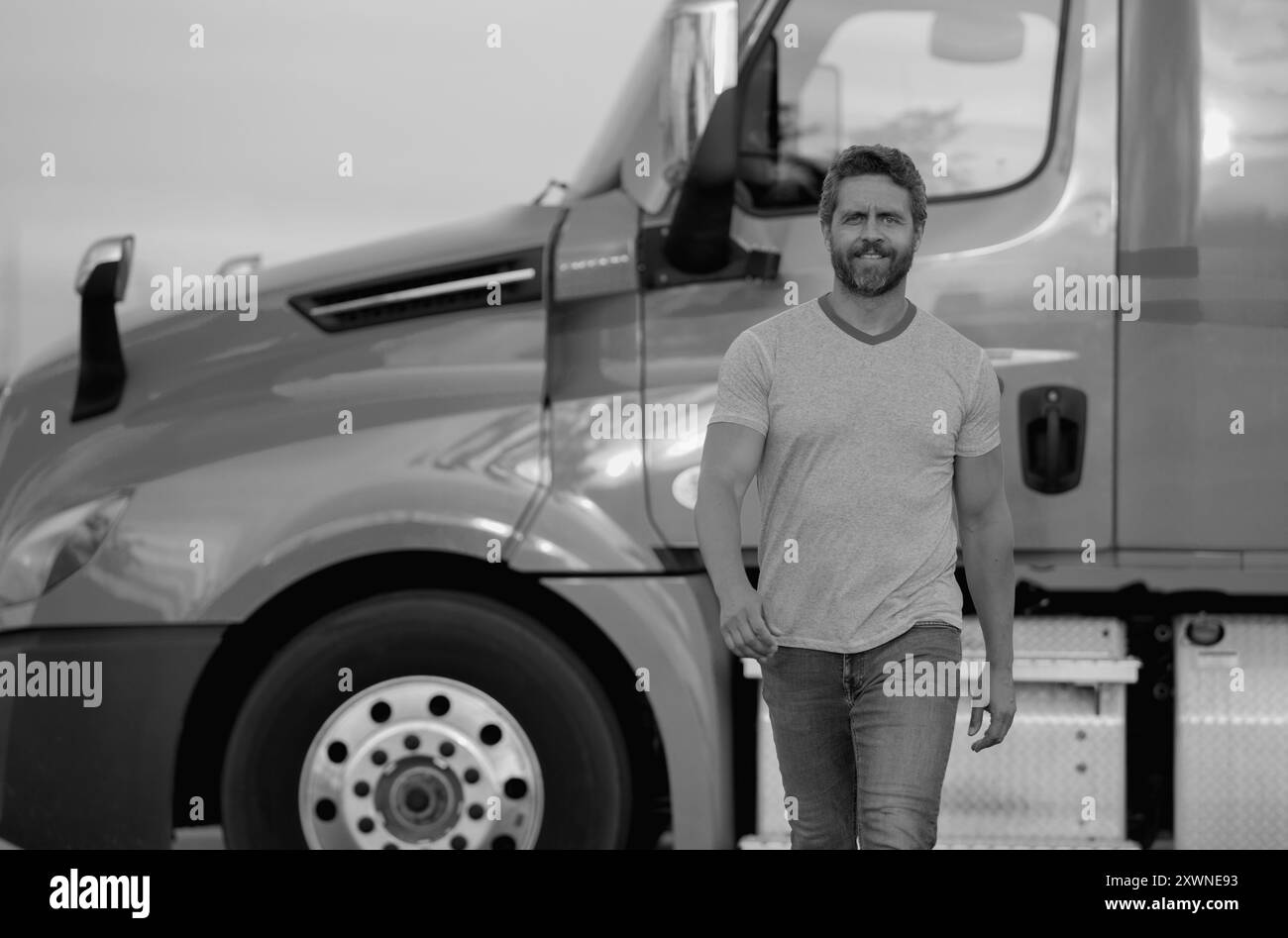 Men driver near lorry truck. Man owner truck driver near truck ...