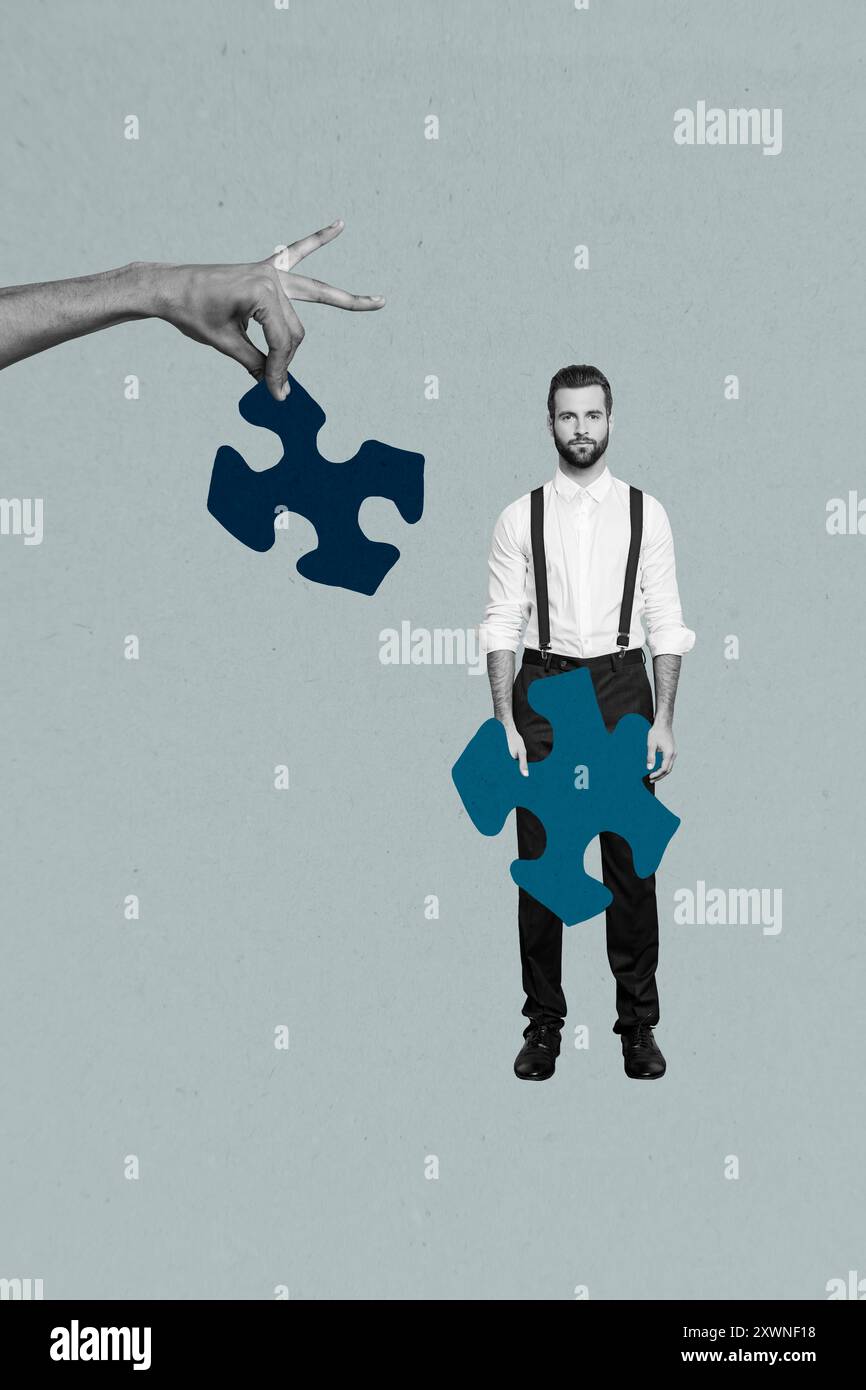 Vertical photo collage of serious businessman hold puzzle segment logic ...
