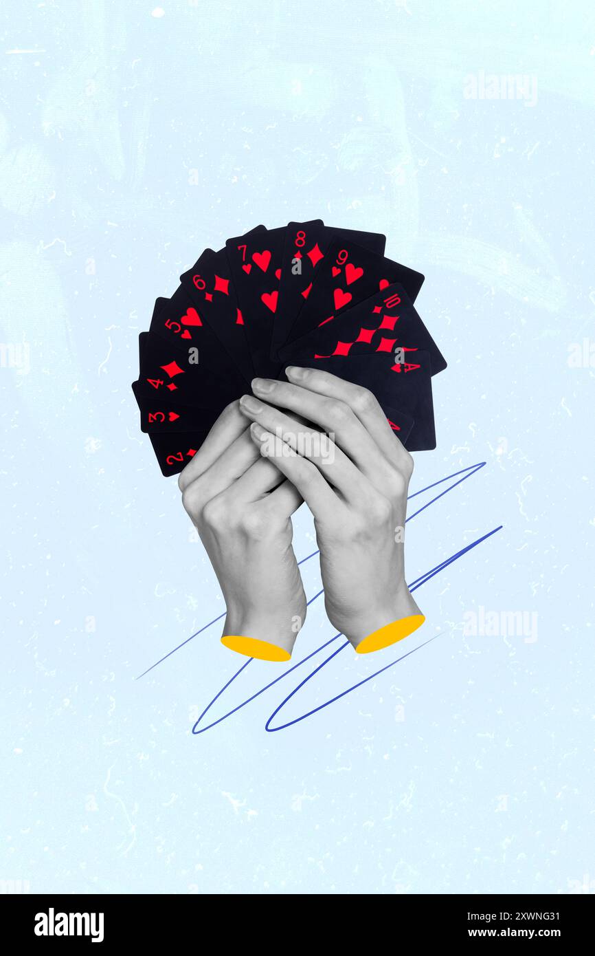 Vertical poster collage 3d hands wrists body fragments hold cards ...