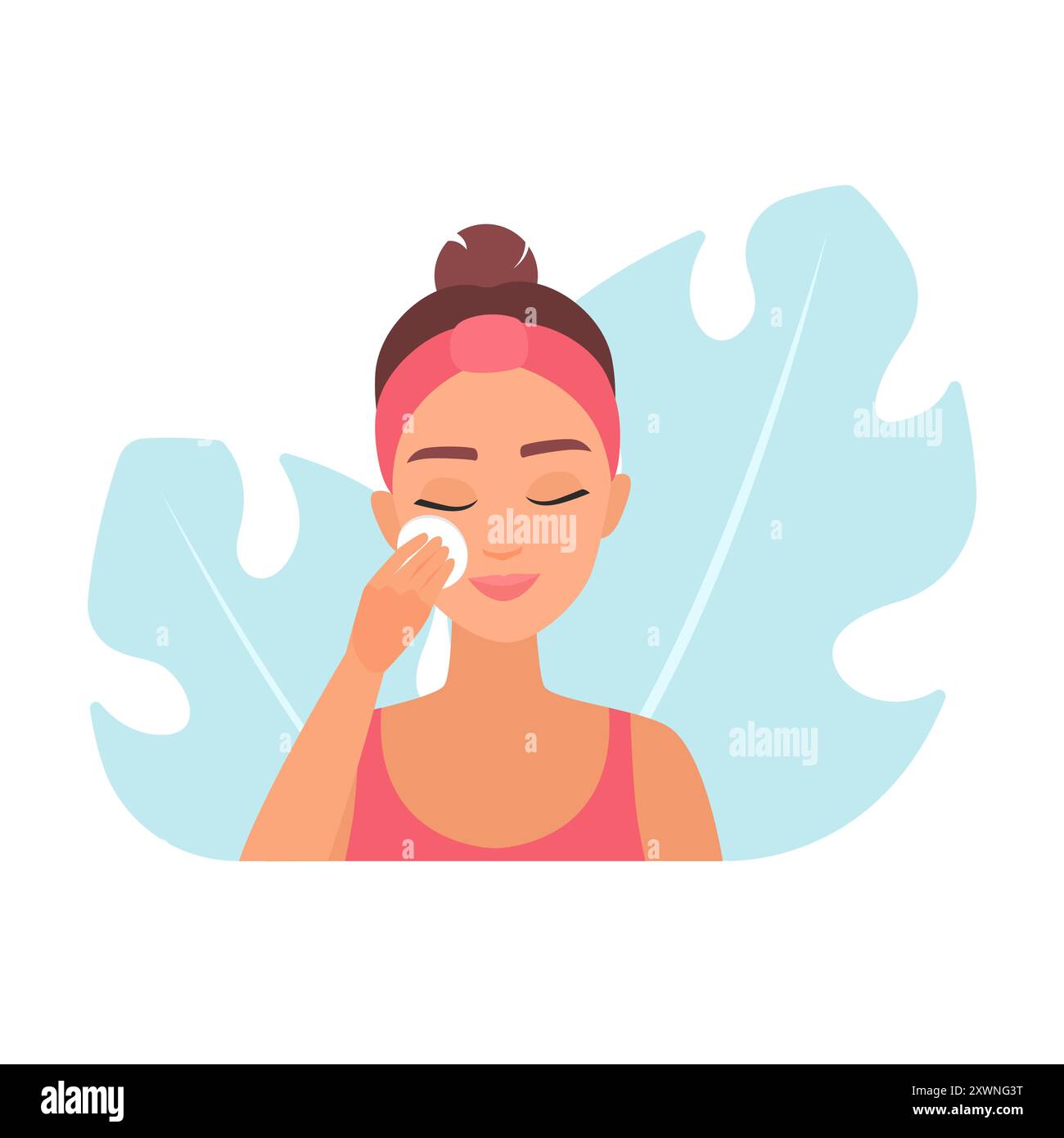 Vector illustration of a woman applying facial mist spray for hydration ...