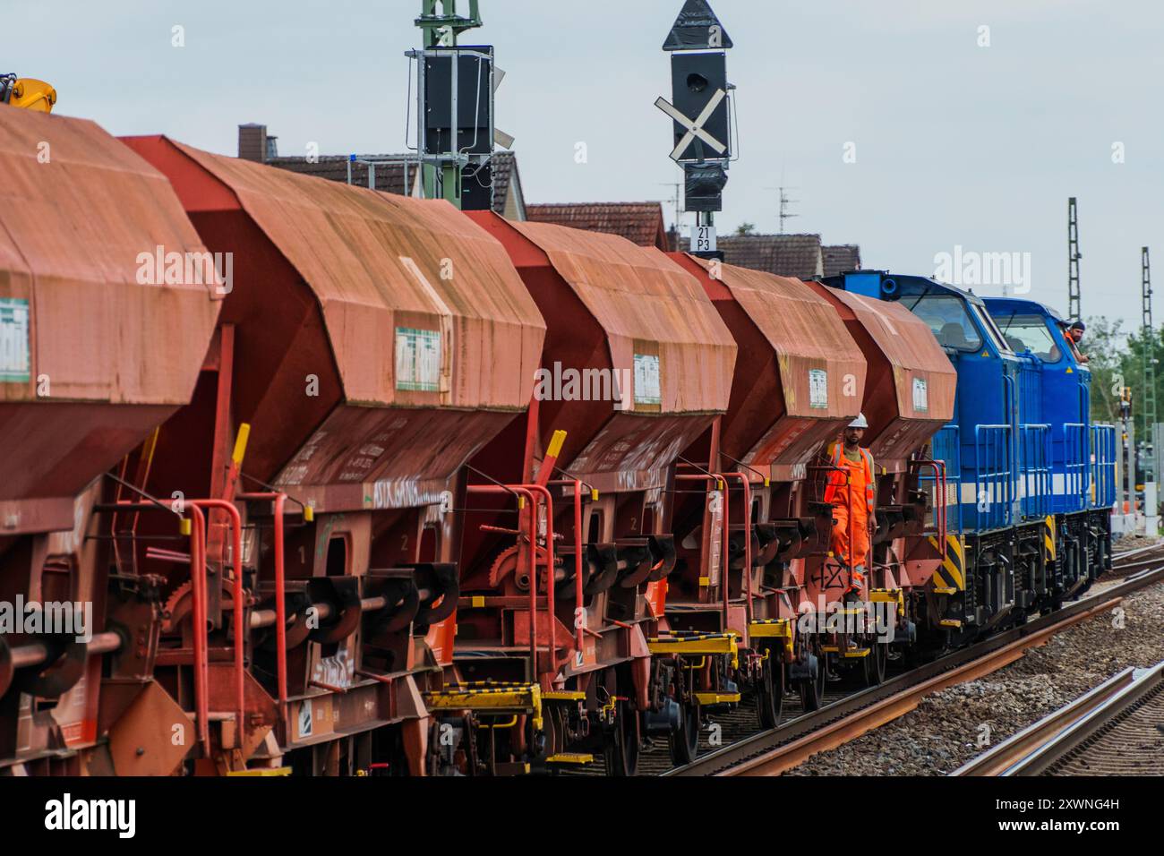 20 August 2024, Hesse, Mörfelden-Walldorf: A freight train brings ...