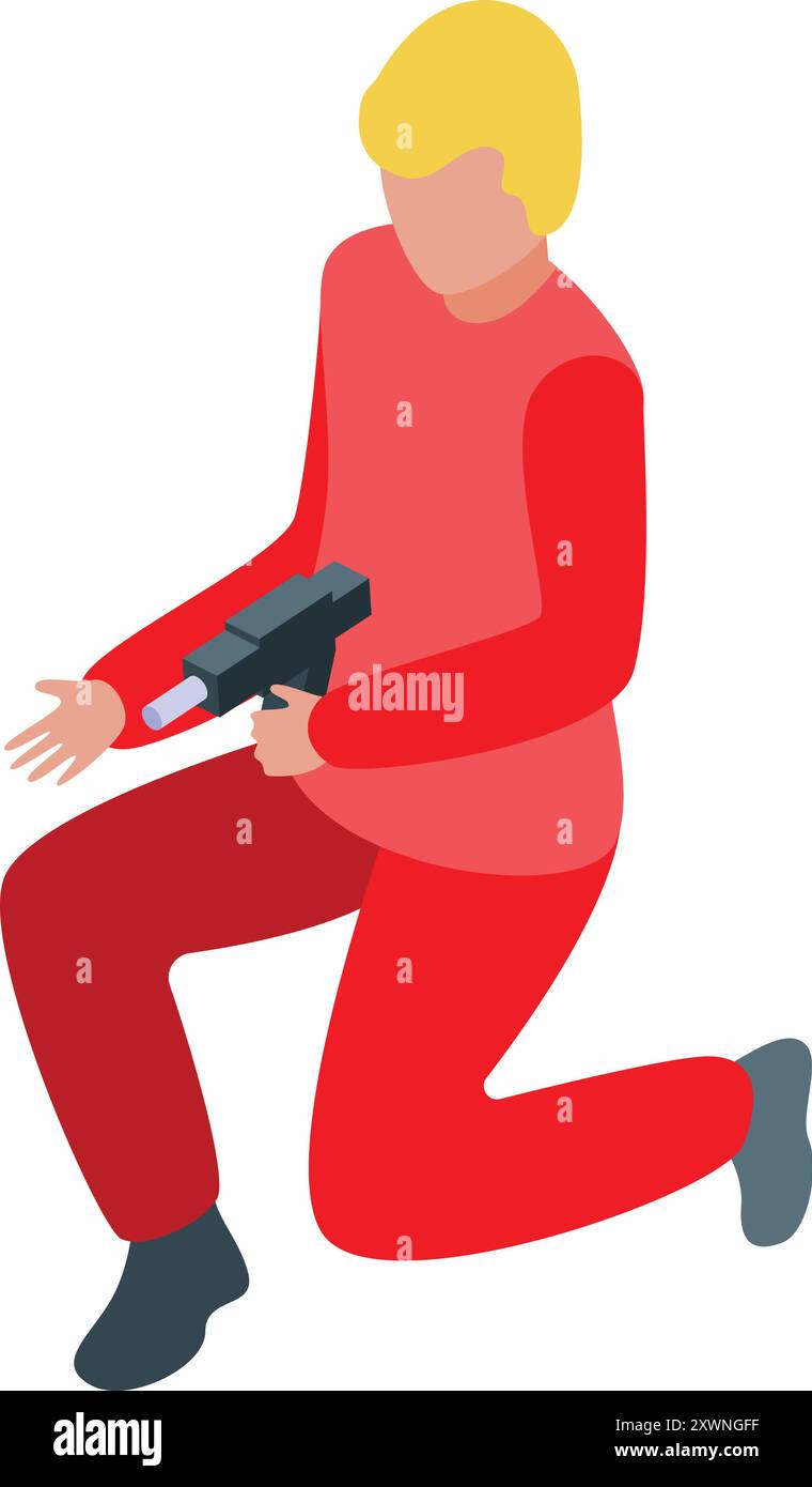 Laser tag player in red uniform kneeling and aiming with laser gun ...