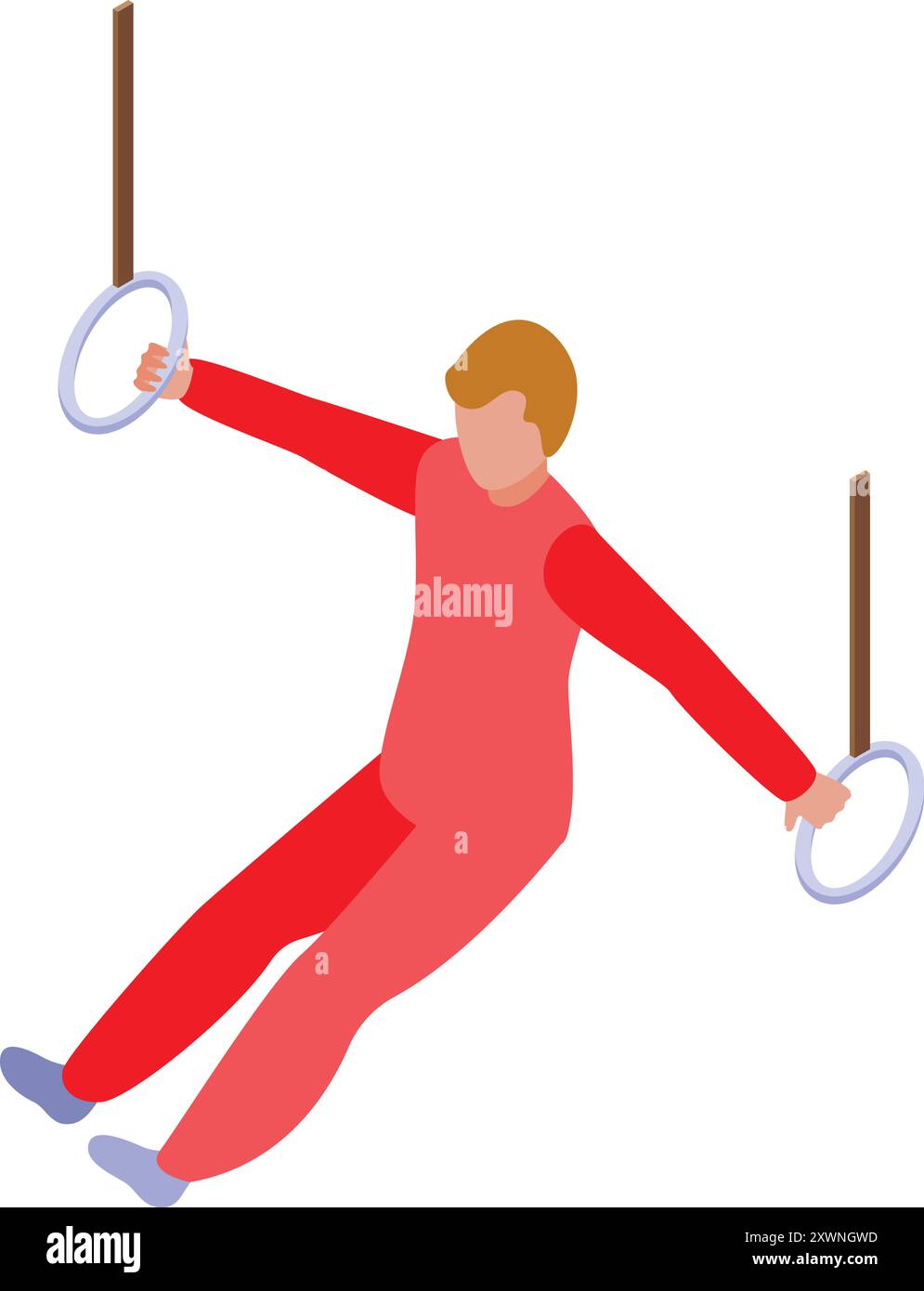 Male gymnast wearing a red gym suit is holding himself up on rings ...