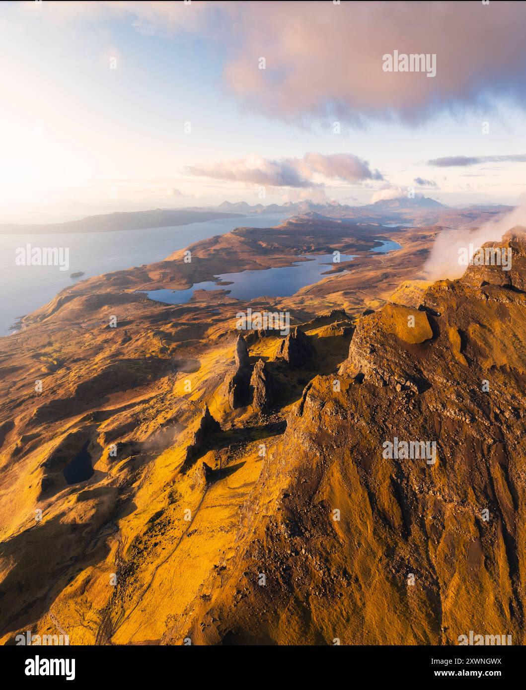 Aerial view of Old Man of Storr during sunrise, Isle of Skye, Inner ...