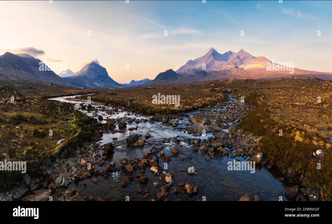 Panoramic view of Black Cuillin at sunrise, Sligachan, Isle of Skye ...