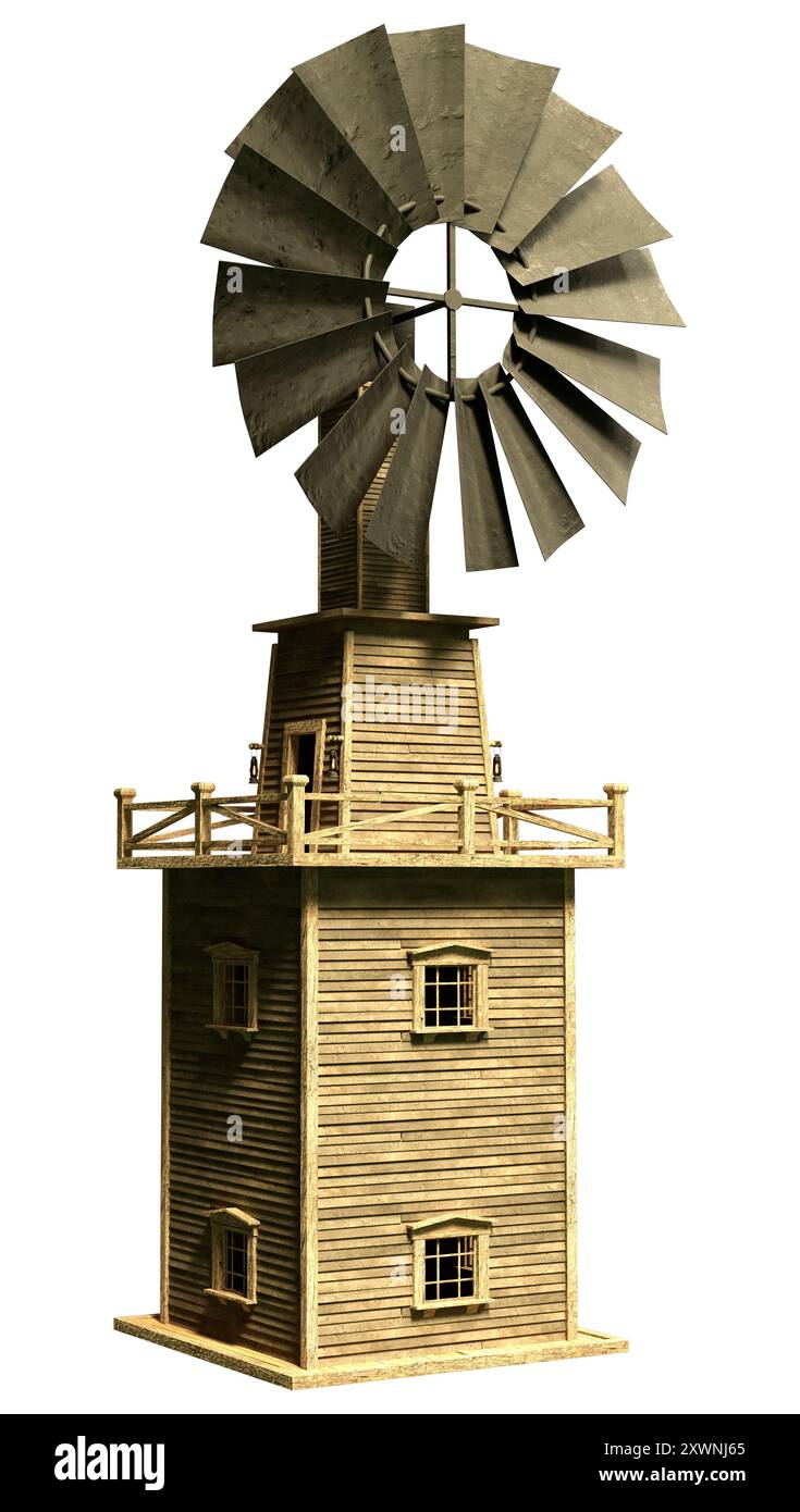 3D rendering of a vintage water pump windmil isolated on white ...