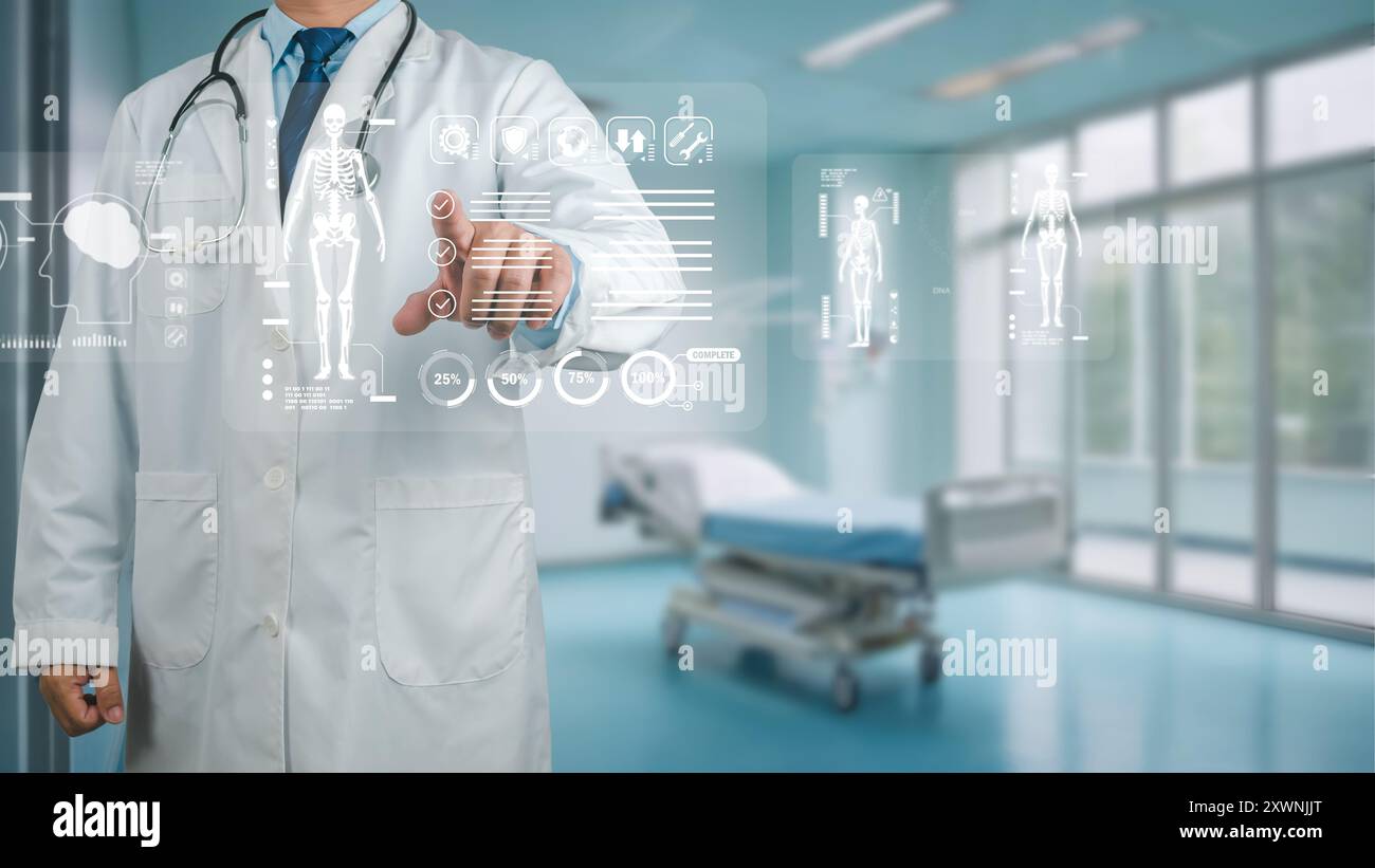 Doctor using finger touching screen for medical diagnostic analysis on ...