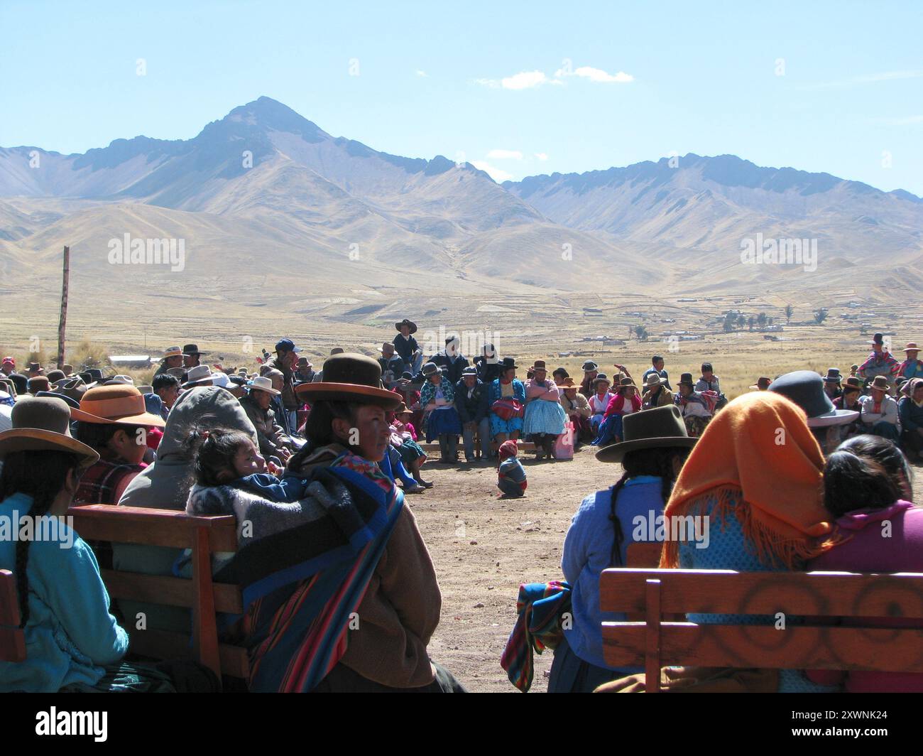 An outdoor church gathering of Quechua people from Layo, Peru Stock ...