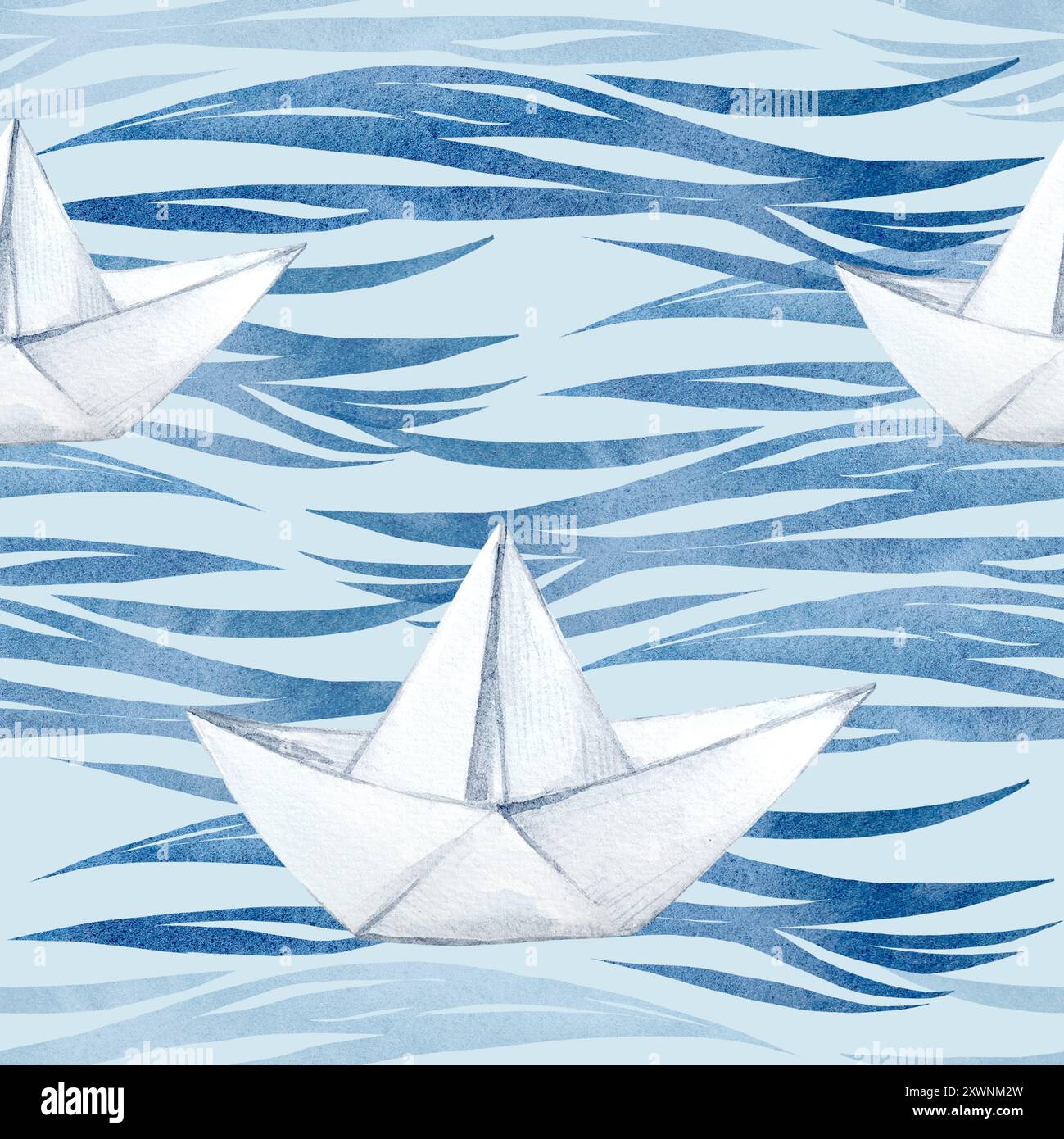 Paper boat on the waves seamless pattern. Watercolor background with a ...