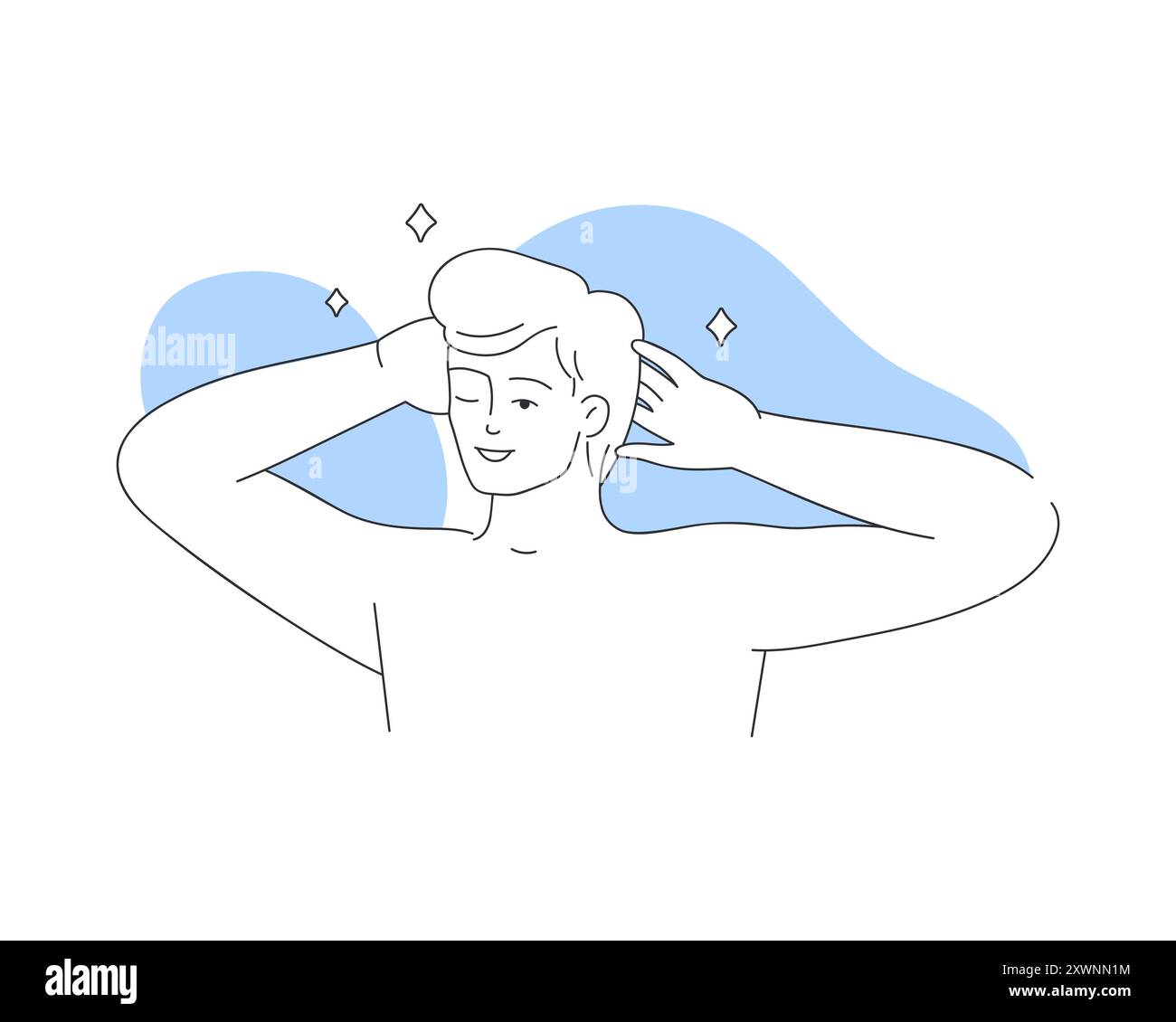 Young man smiling, enjoying hygiene procedure in bathroom vector ...