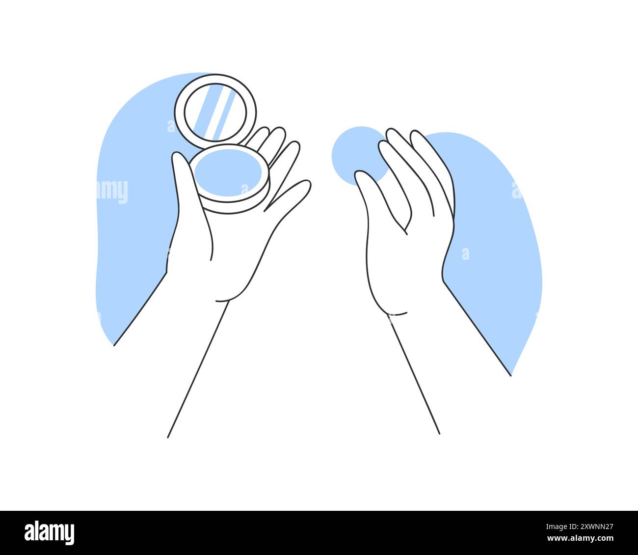Hands holding sponge and open compact powder packaging with mirror ...