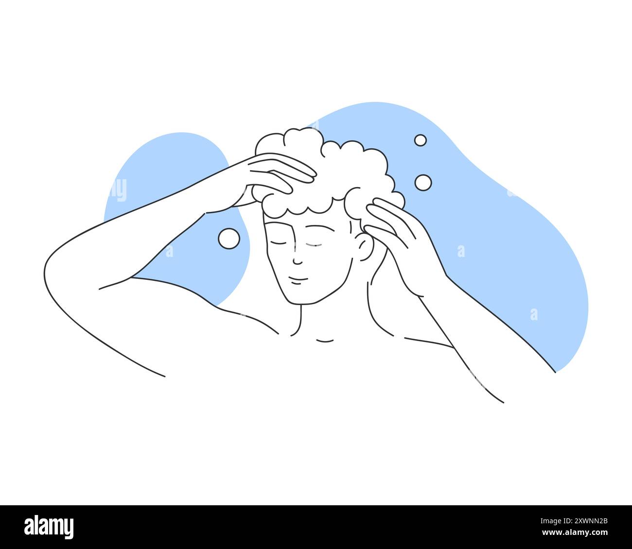 Young man washing hair with shampoo foam, male character massaging ...