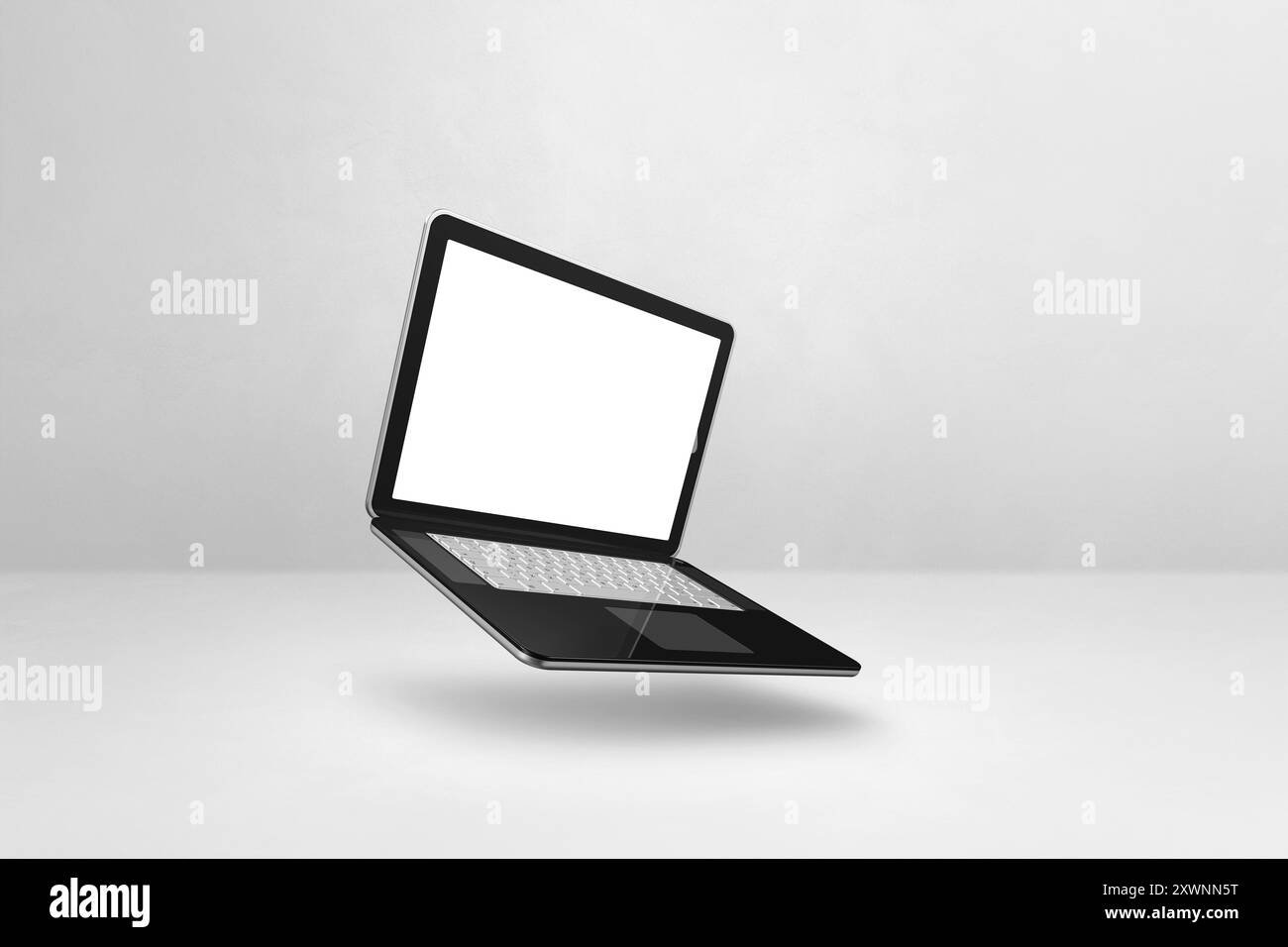 Blank computer laptop floating over a white background. 3D isolated ...