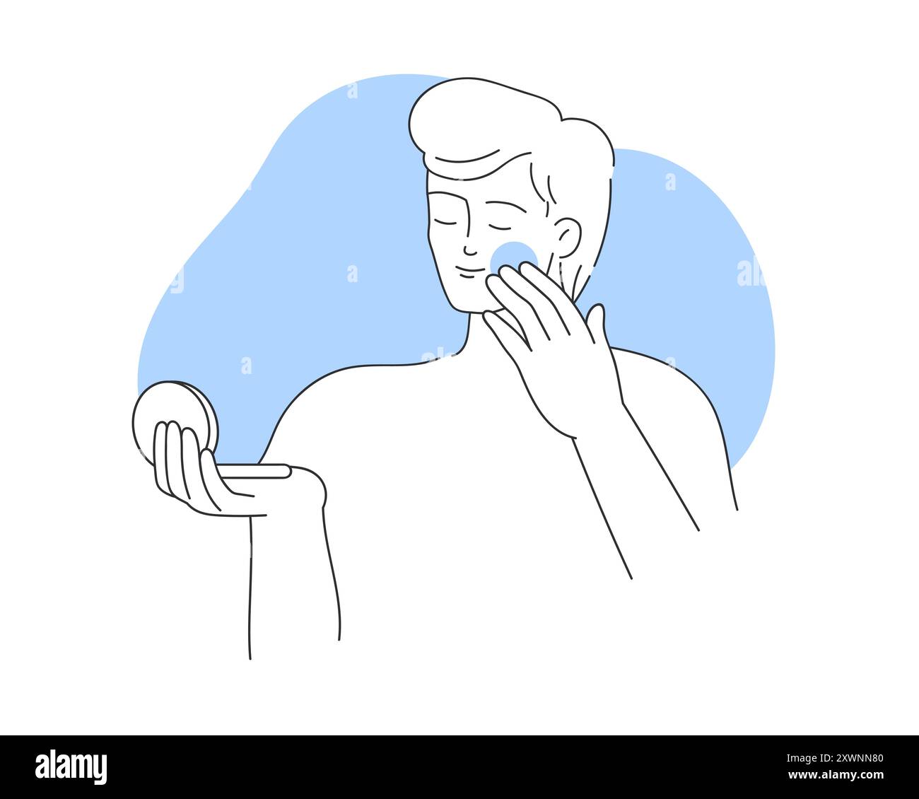 Young man applying compact powder to facial skin with sponge vector ...