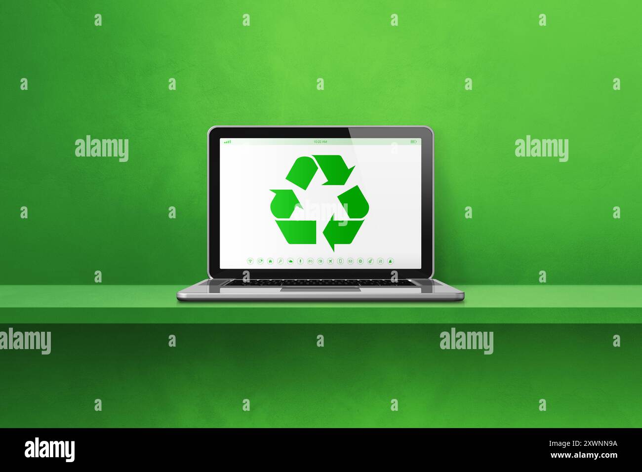 Laptop computer on a shelf with a recycling symbol on screen ...