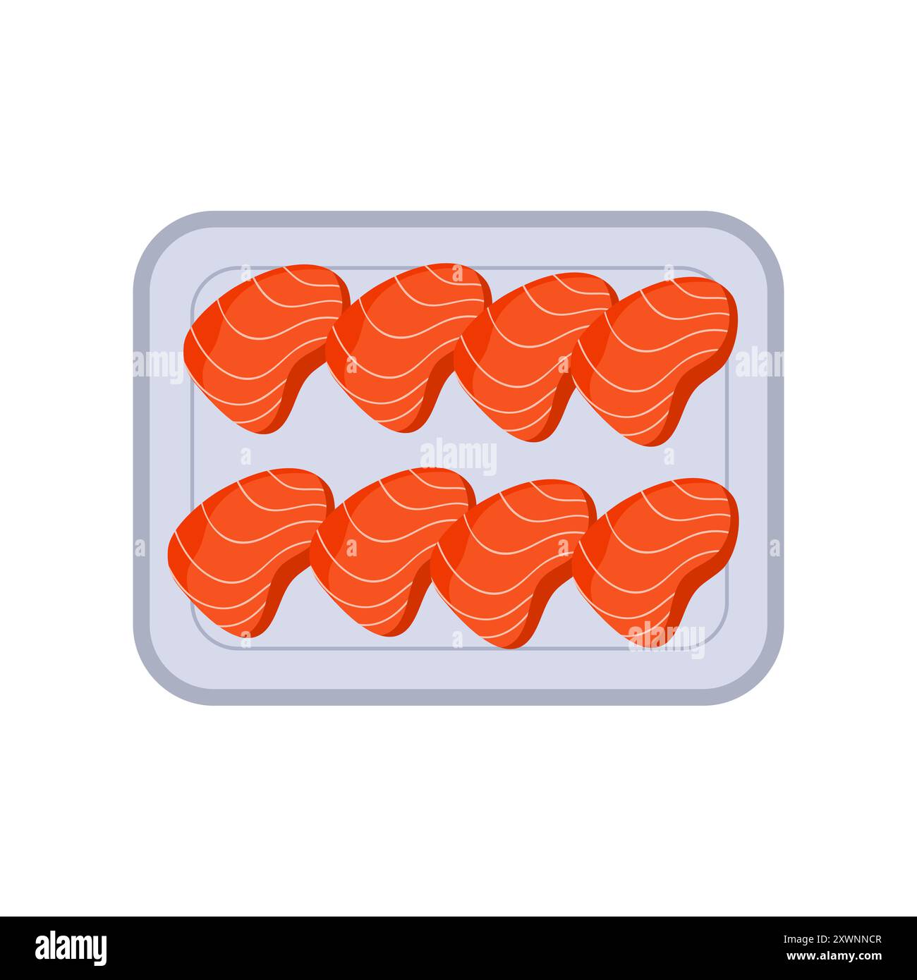 Plastic tray with salmon pieces, top view of white rectangular ...