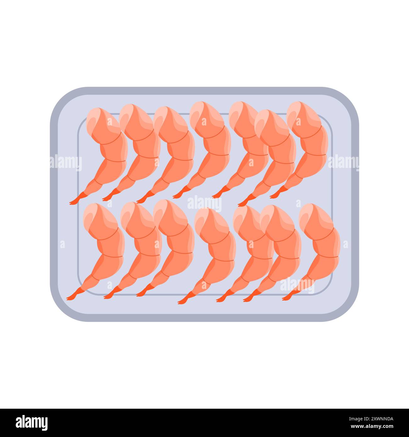 Plastic tray with peeled headless shrimp lying in rows, top view of ...