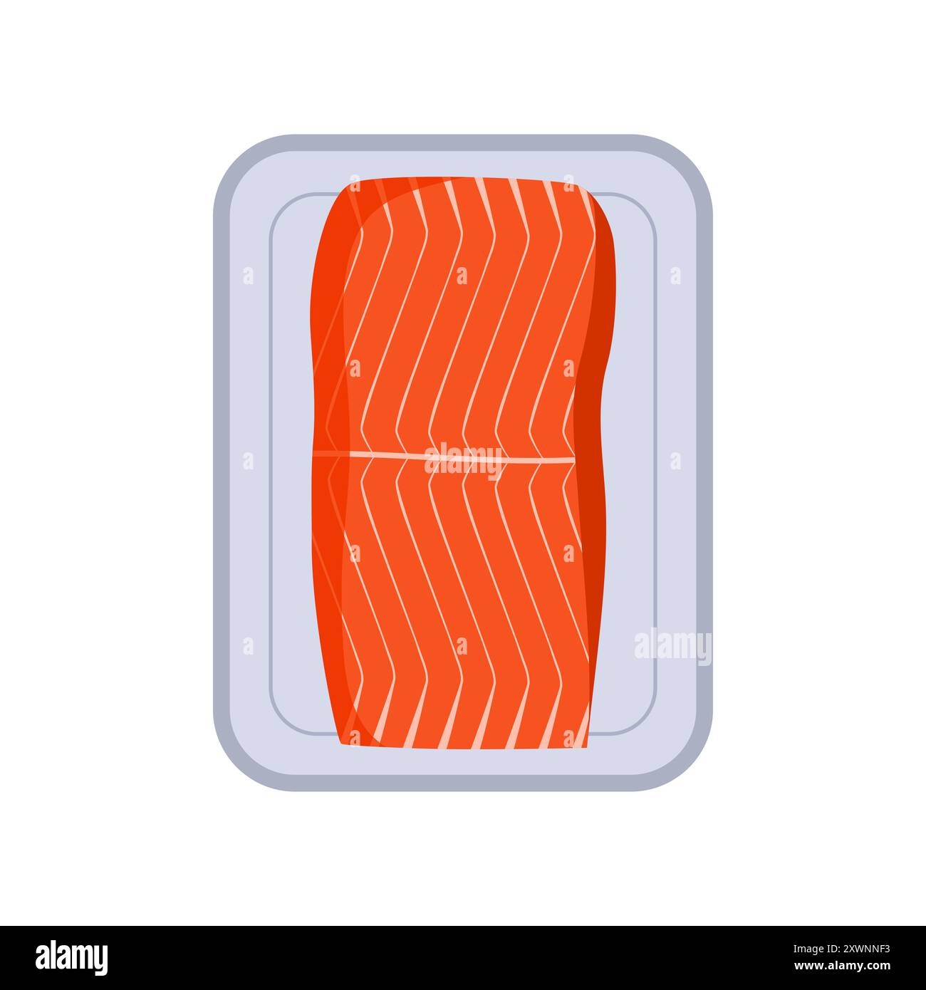 Plastic tray with salmon fillet, top view of rectangular container with ...