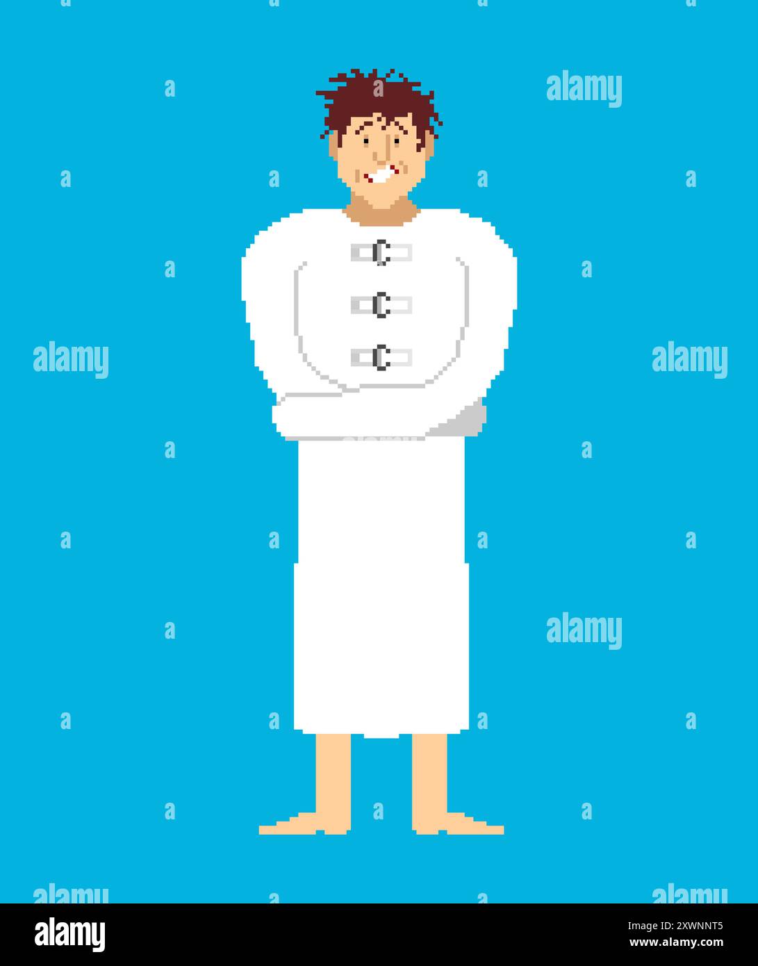 Madman in straitjacket. Psychopath in white coat. Patient in mental ...