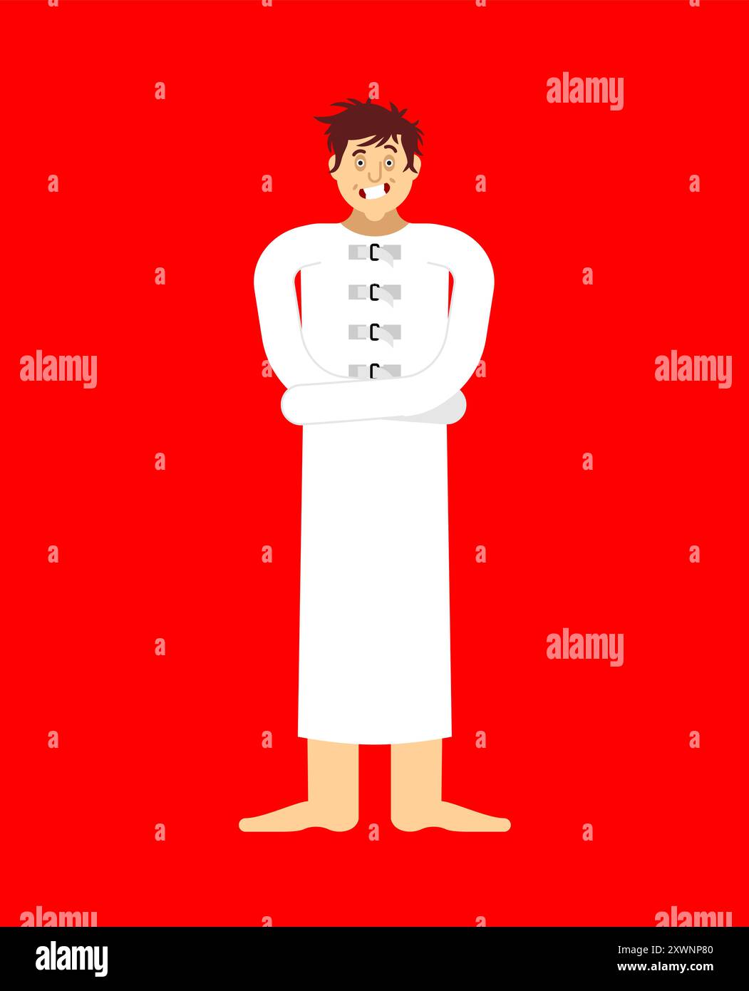 Madman in straitjacket. Psychopath in white coat. Patient in mental ...
