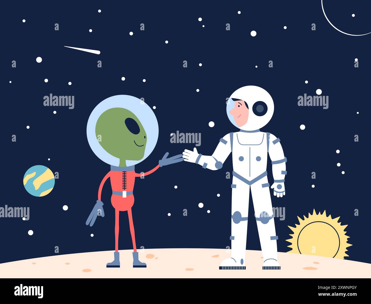 Astronaut and alien meeting. New style friendship, green ufo character ...