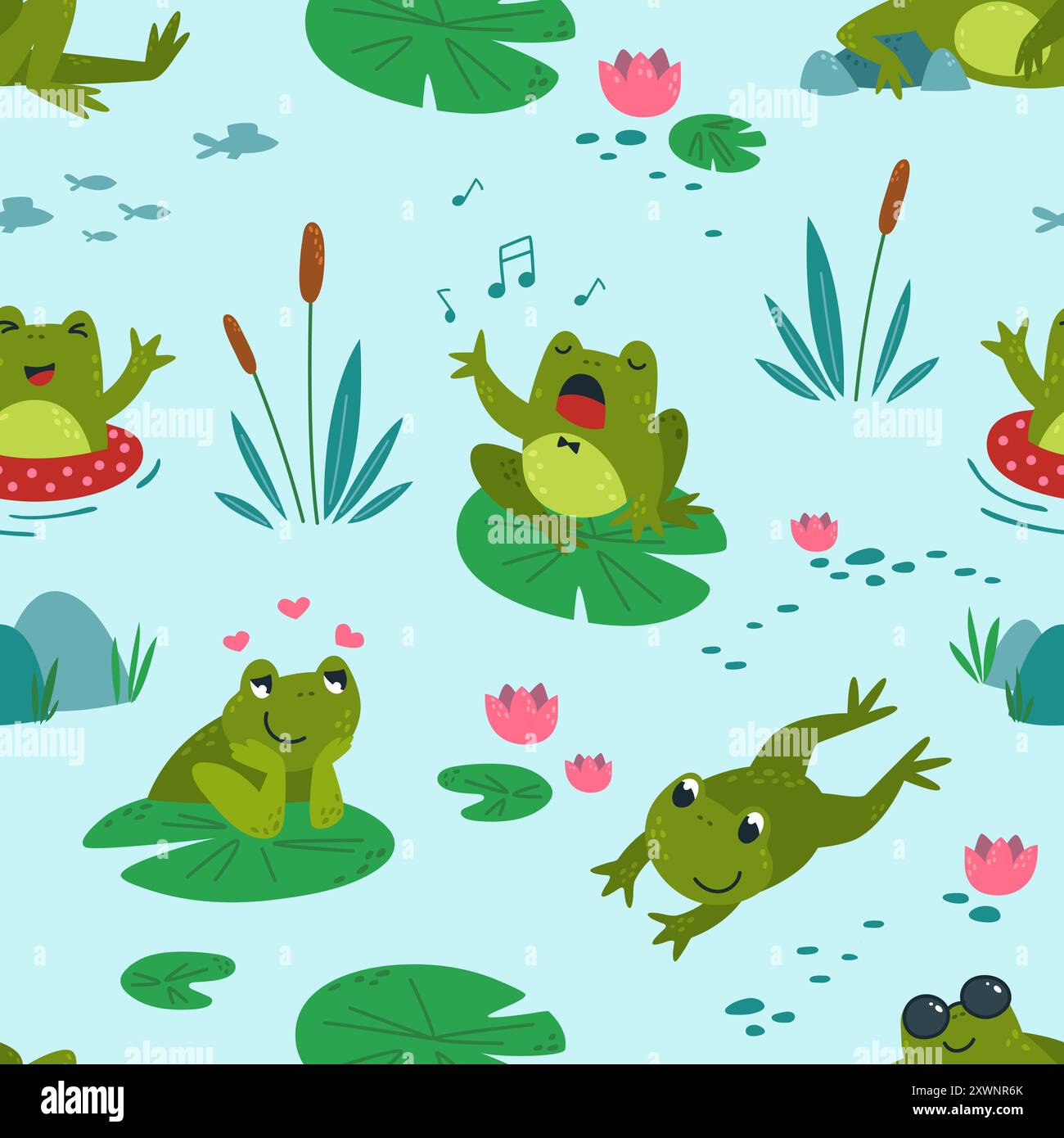 Frogs seamless pattern. Cute cartoon toads and swamp plants. Print ...