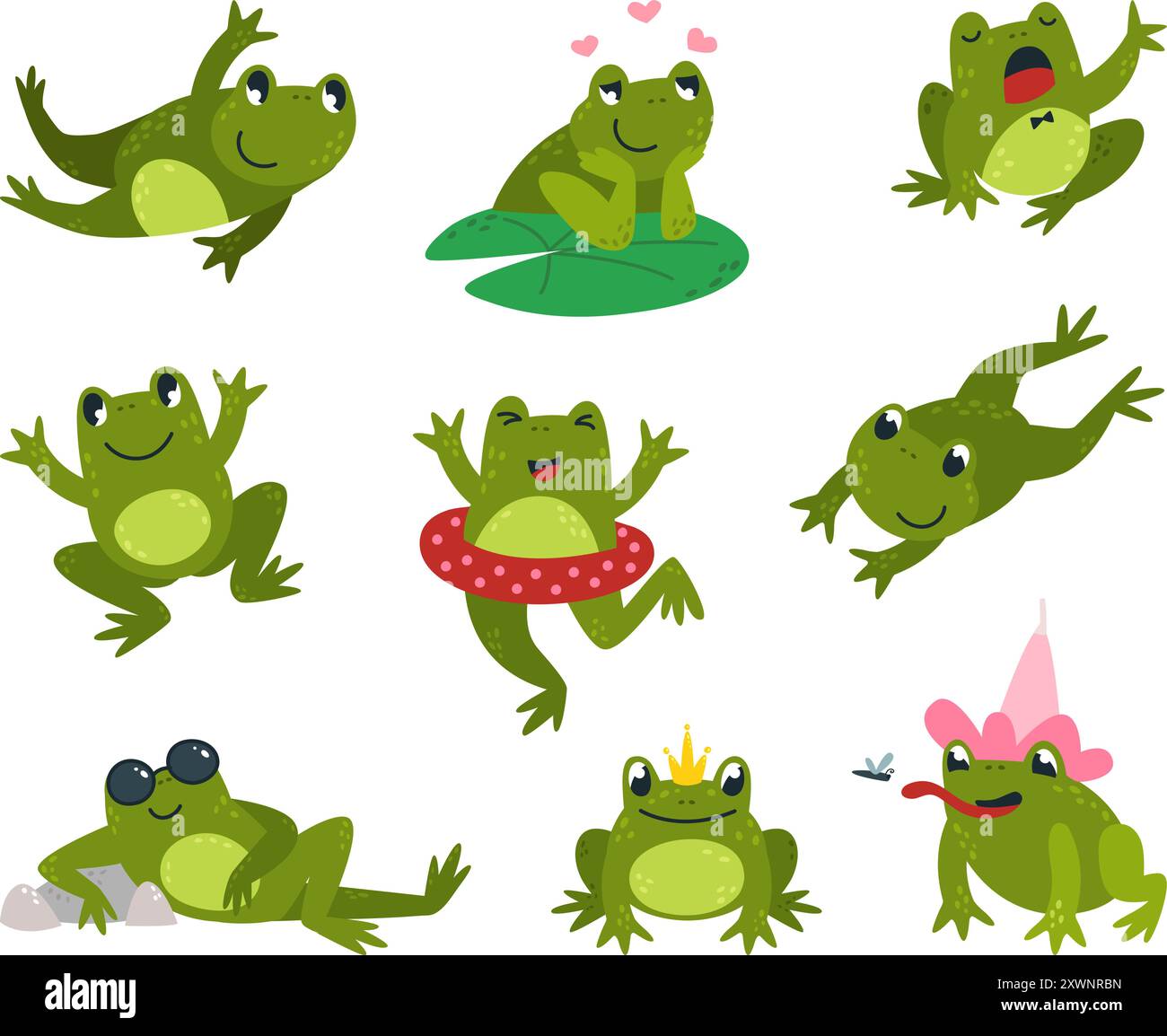 Funny frogs cartoon. Isolated frog different poses. Green cute toads ...