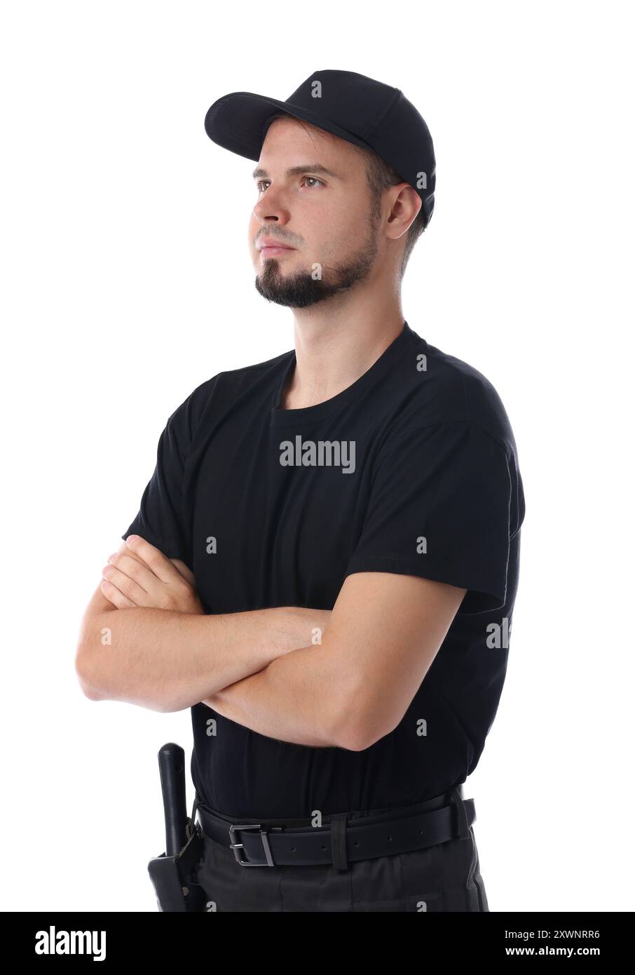 Young bodyguard with baton isolated on white Stock Photo - Alamy