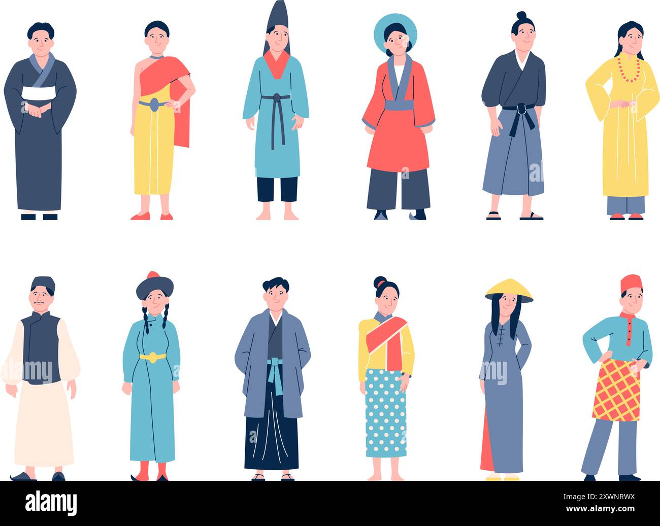 Asian traditional characters. Male female from asia wearing national ...