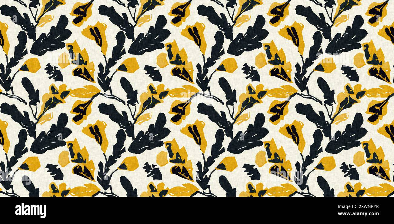 Modern printed fabric flower block print pattern with linen texture ...