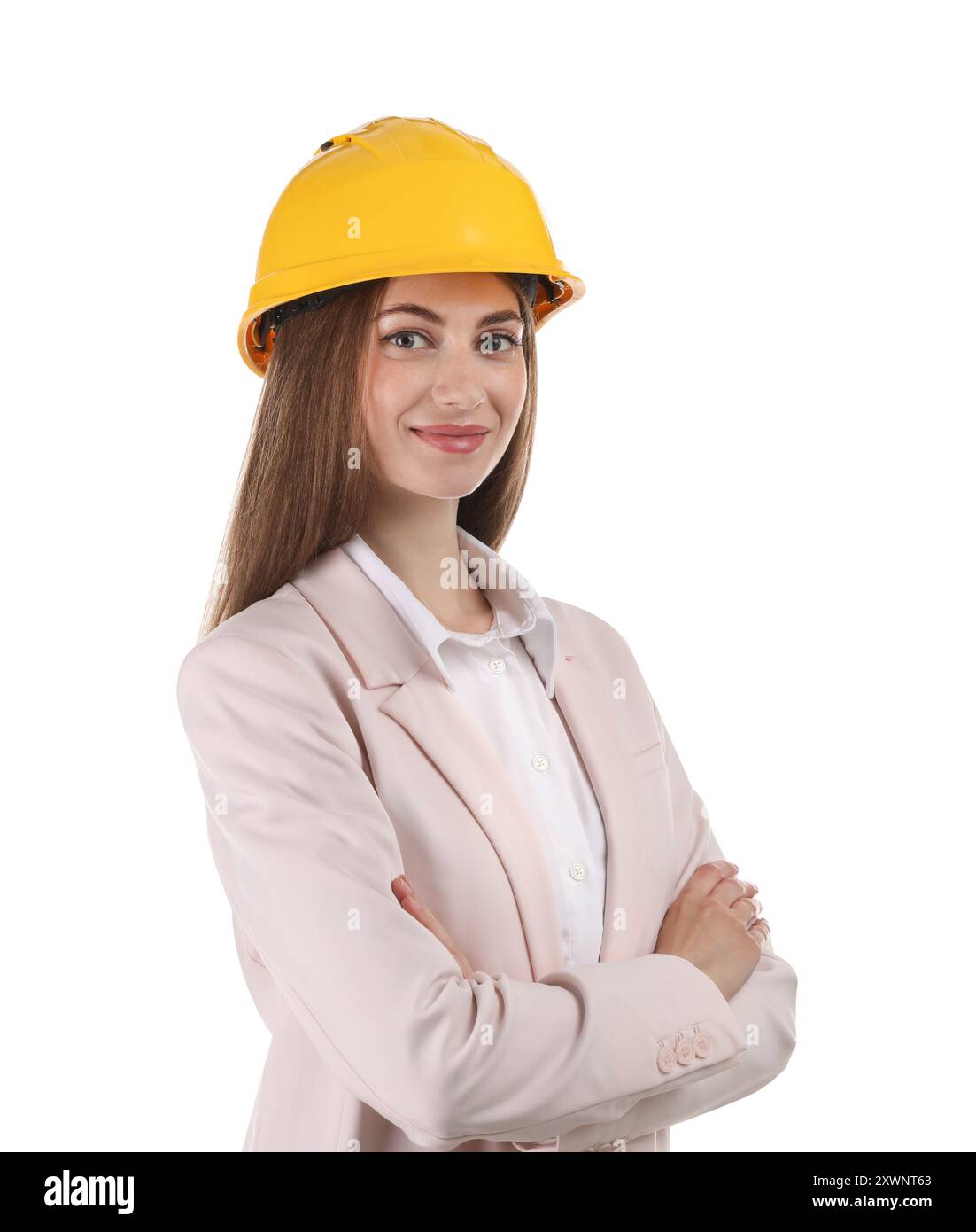 Engineer in hard hat on white background Stock Photo - Alamy