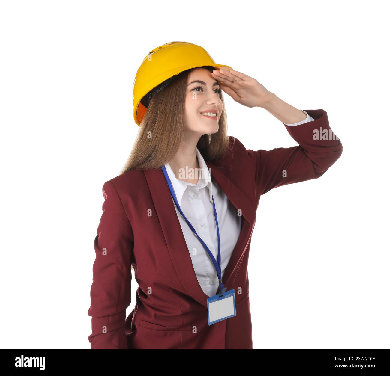 Engineer in hard hat on white background Stock Photo - Alamy