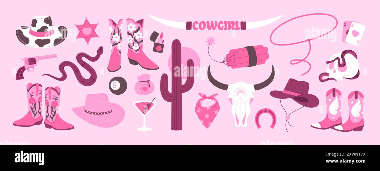 Pink cowgirl accessories. Girly fashion wild west style elements ...