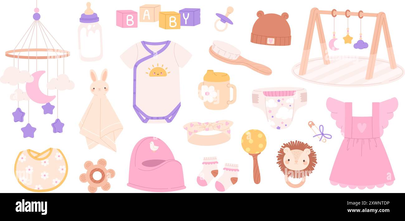 Newborn baby elements. Babies care items, toddler things. Baby clothes ...