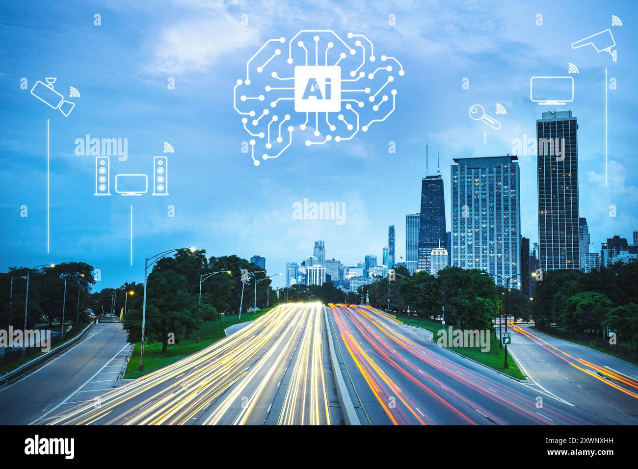 Artificial Intelligence powered Futuristic smart City Concept, Chicago, Illinois, USA Stock ...
