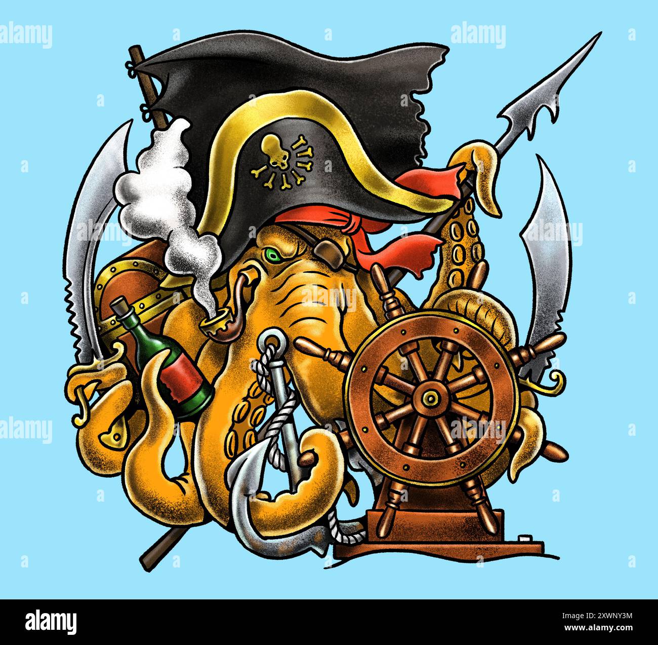 Handmade drawing with an octopus pirate. Stylized drawing in retro ...