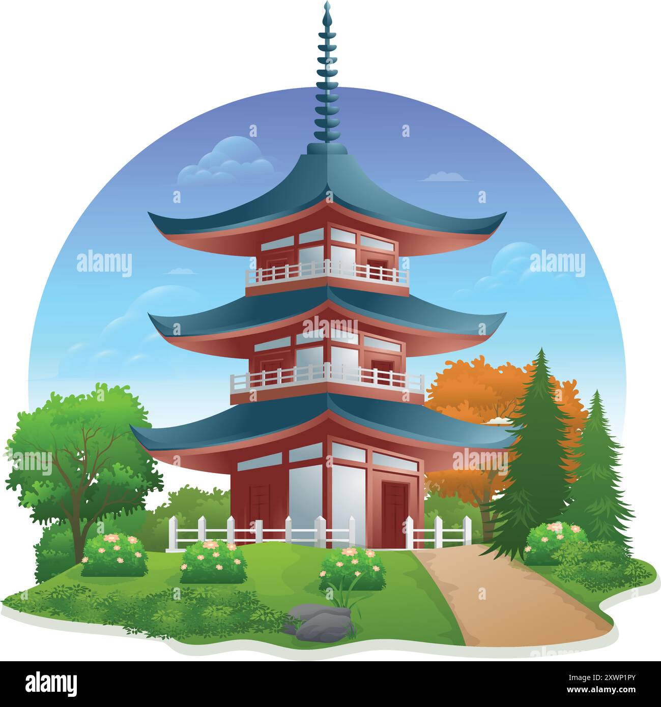 pagoda in a japanese nature landscape with flat design vector ...