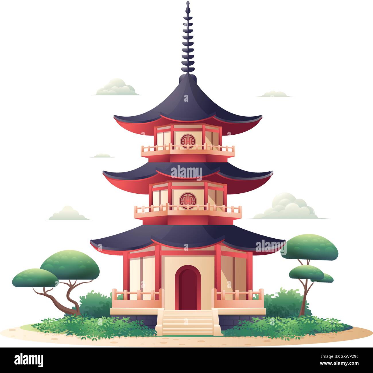 Cartoon pagoda in a japanese nature landscape with flat design vector ...