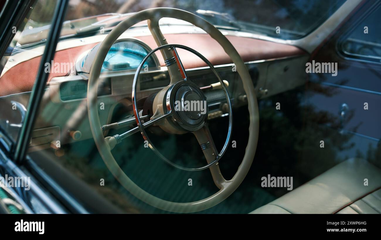Vintage car interior with steering wheel. Classic automobile dashboard ...